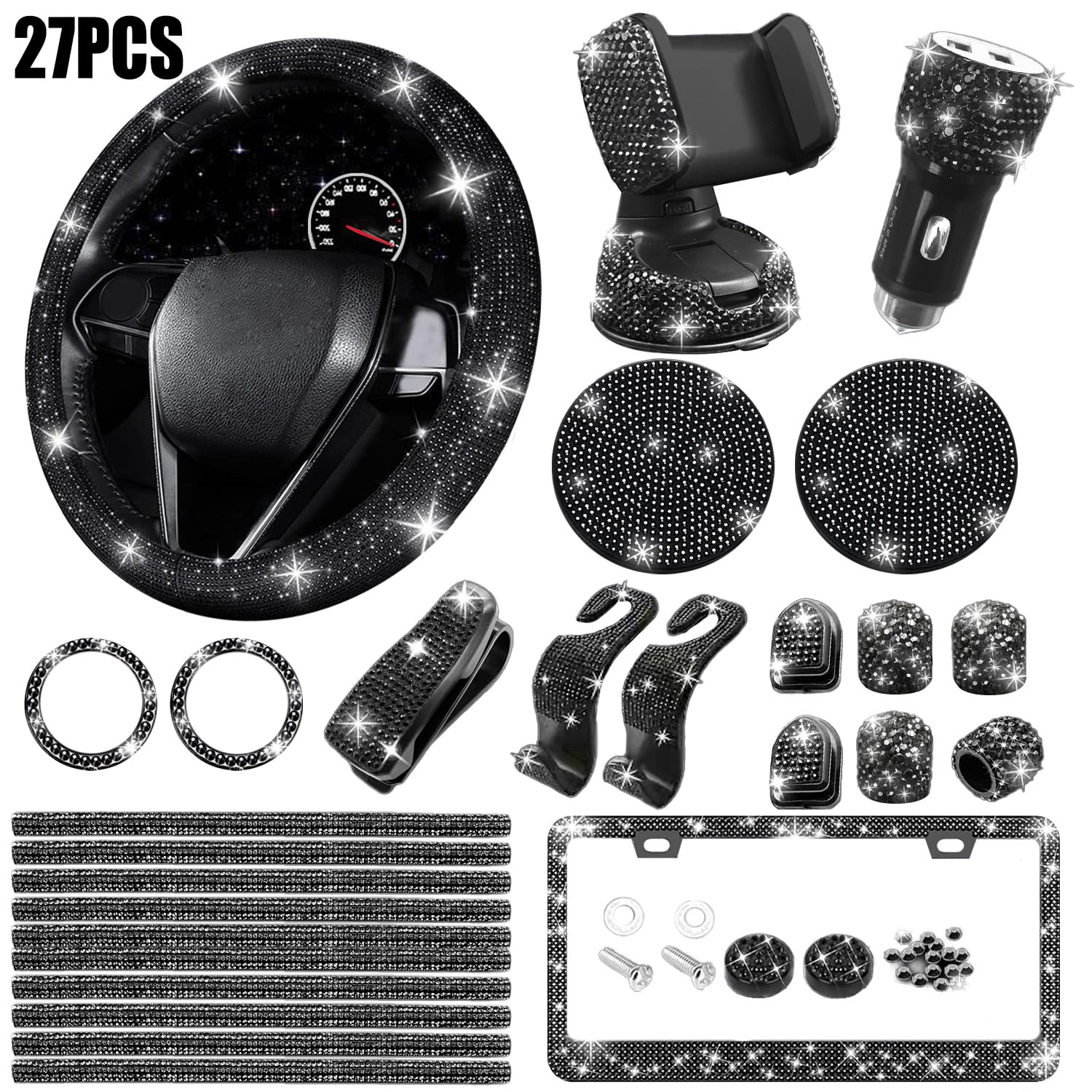ASKITO 27 Pcs Bling Car Accessories Set for Women, 15 Inch Steering ...