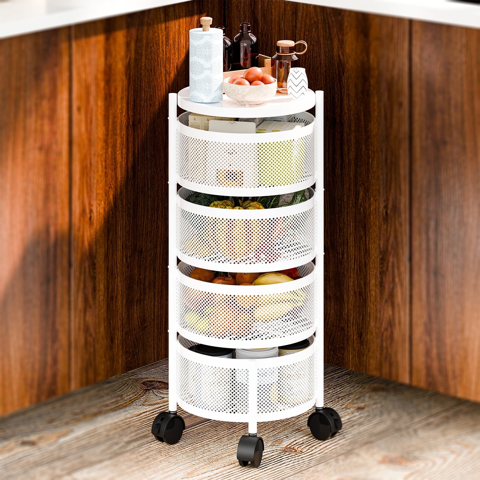 ASKMZ Round Storage Rack White Tiered Cart Kitchen Cart Storage Baskets ...