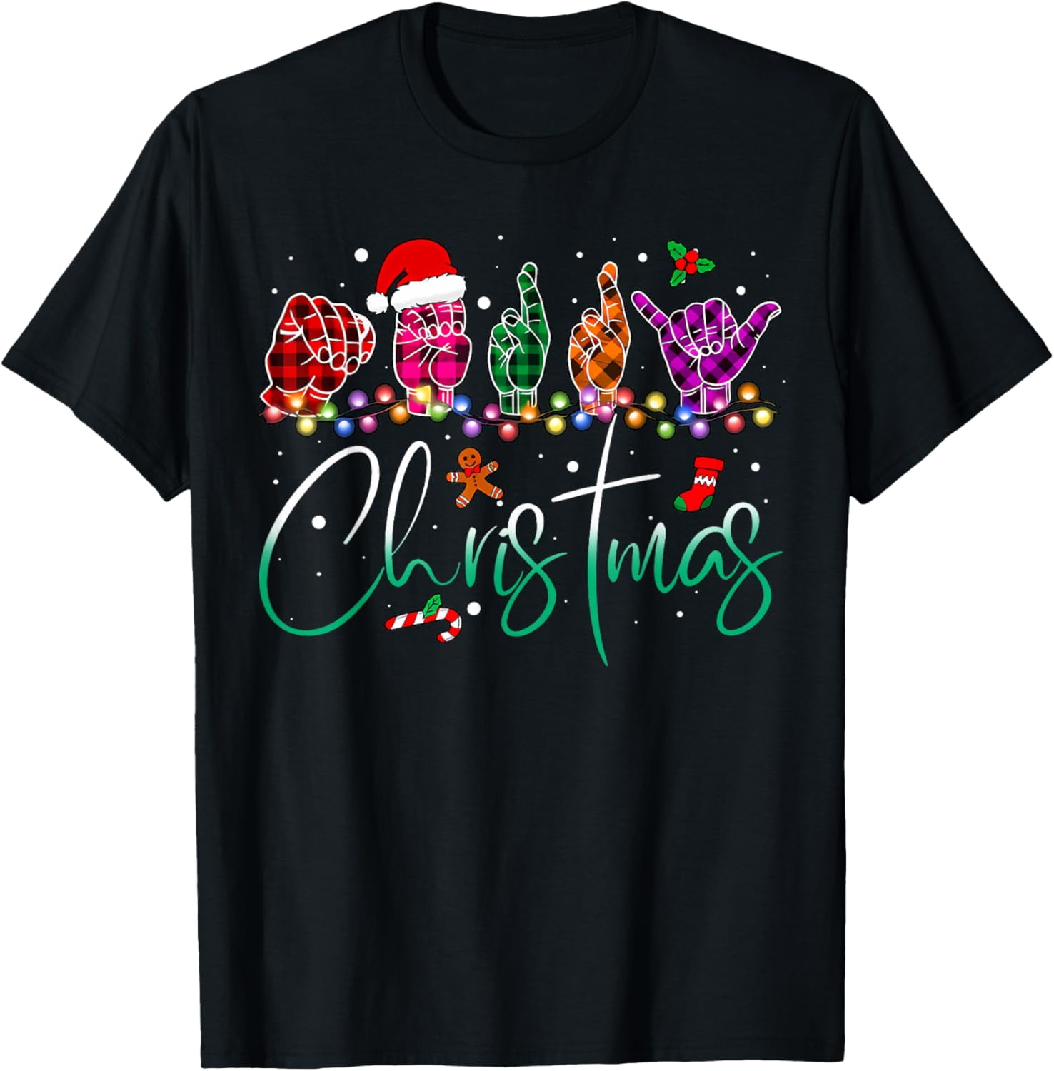 ASL Christmas Buffalo Plaid Teacher American Sign Language T-Shirt ...