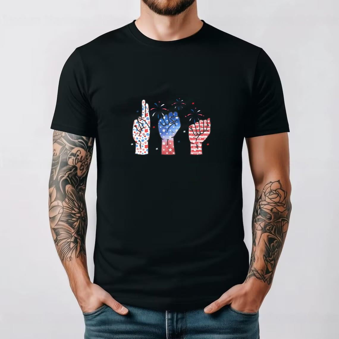 ASL Hand Graphic With USA Flag For July Fourth And Inclusion T-Shirt ...