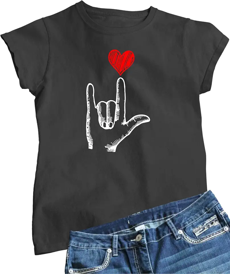 ASL I Love You Hand Sign Red Heart Women Short Sleeve Graphic T-Shirt ...