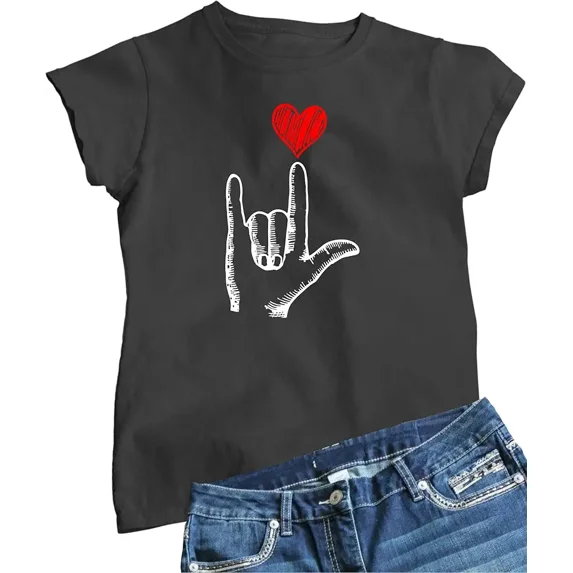 ASL I Love You Hand Sign Red Heart Women Short Sleeve Graphic T-Shirt ...