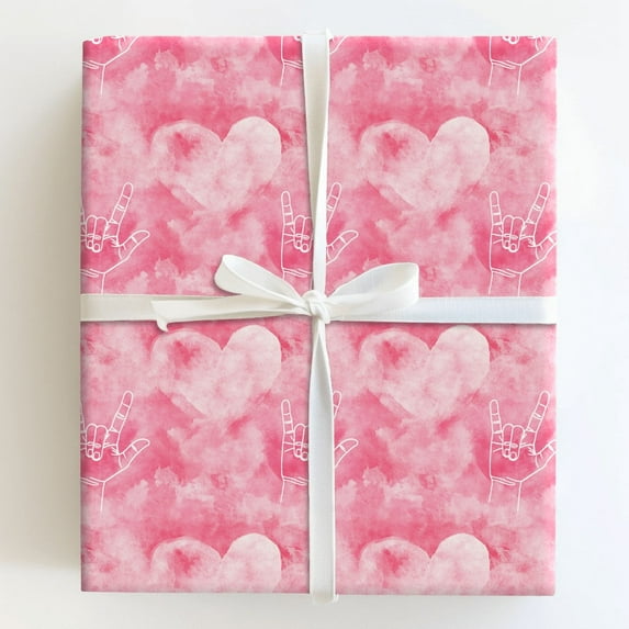 ASL I Love You Hand Sign and Watercolor Hearts Pink Gift Wrapping Paper ...