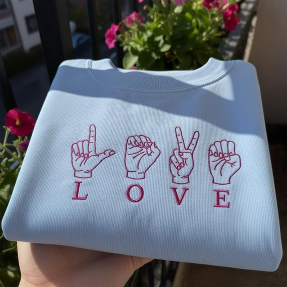 ASL Love Sign Embroidered Sweatshirt, Pastel Blue Jumper - Walmart.com