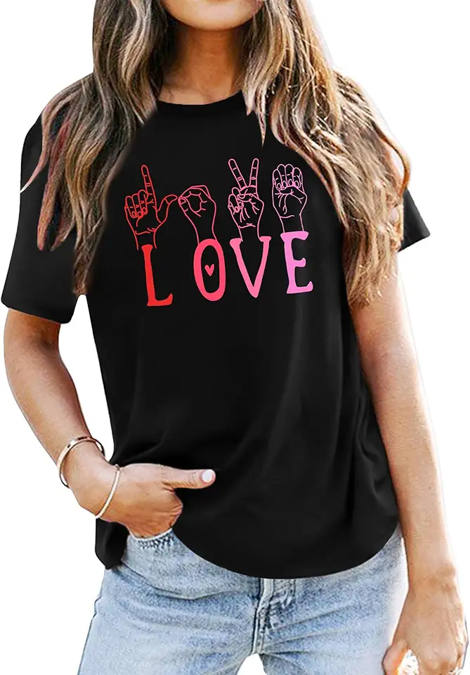ASL Love Sign Language Hand Women Short Sleeve Casual Graphic T-Shirt ...