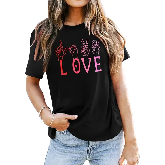 ASL Love Sign Language Hand Women Short Sleeve Casual Graphic T-Shirt ...