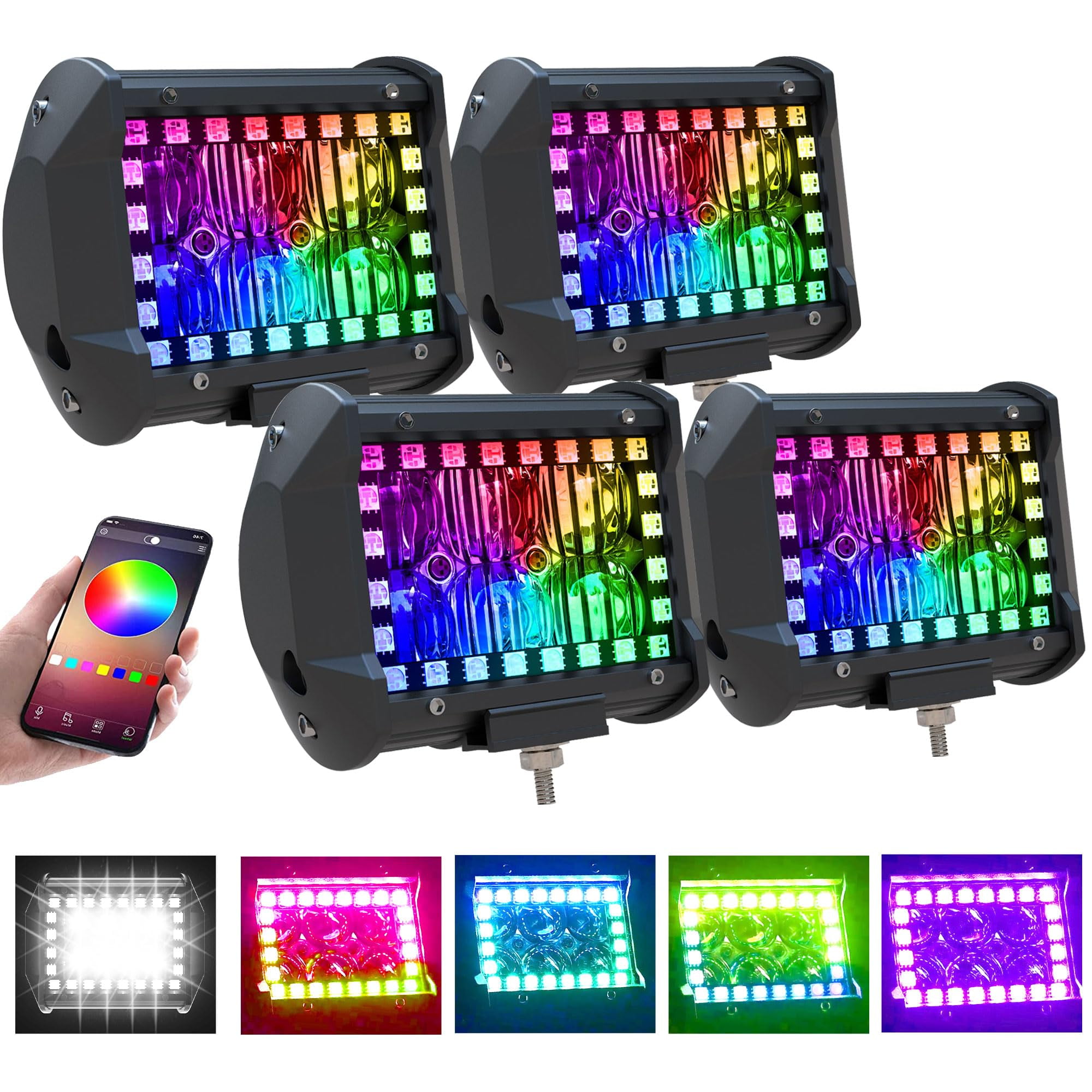 ASLONG 4PCS 4" inch SSF20 LED Pods Flood Light Bar with Multi-Color ...