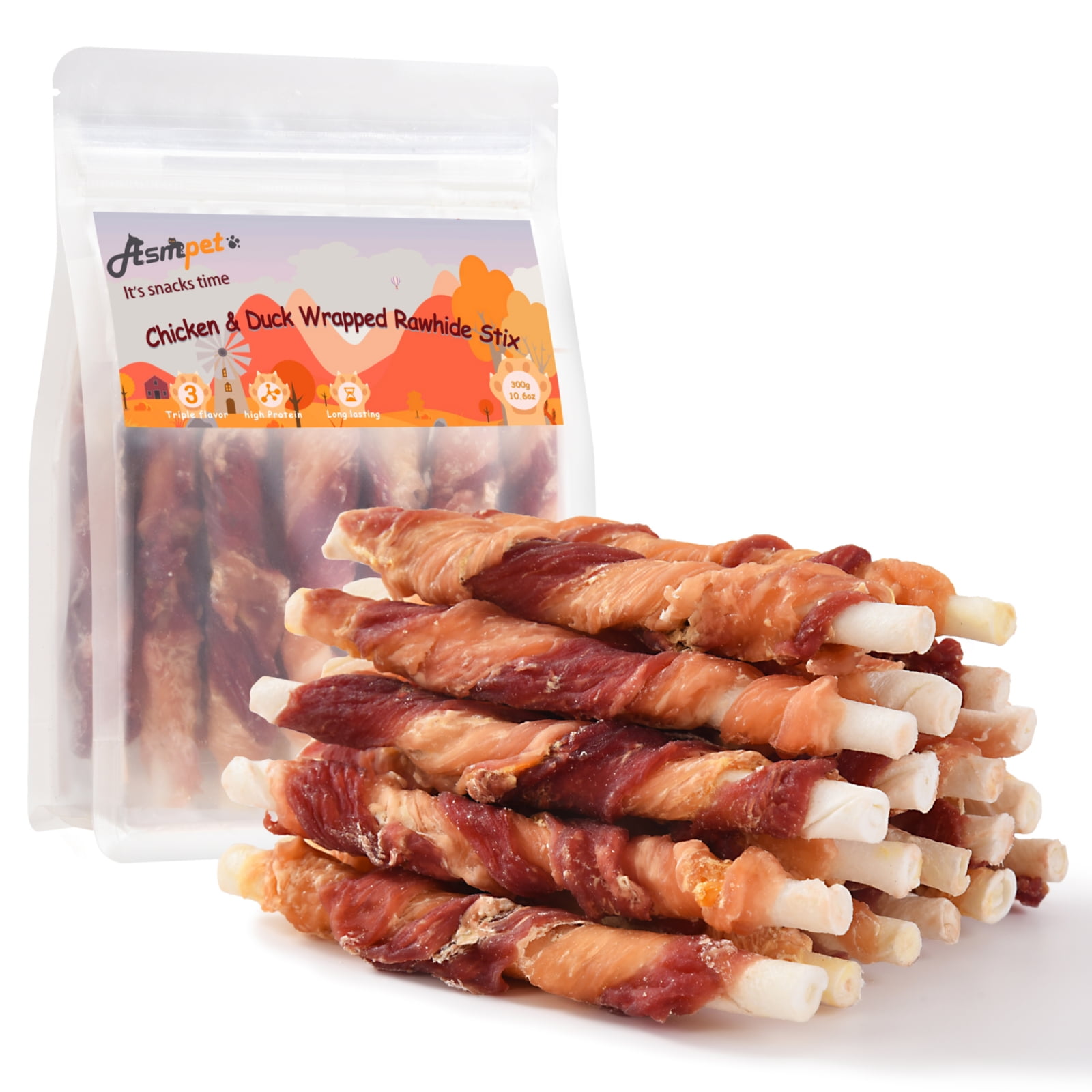 ASMPET Rawhide Dog Chew, Chicken and Duck Wrapped Treats, Long-Lasting ...