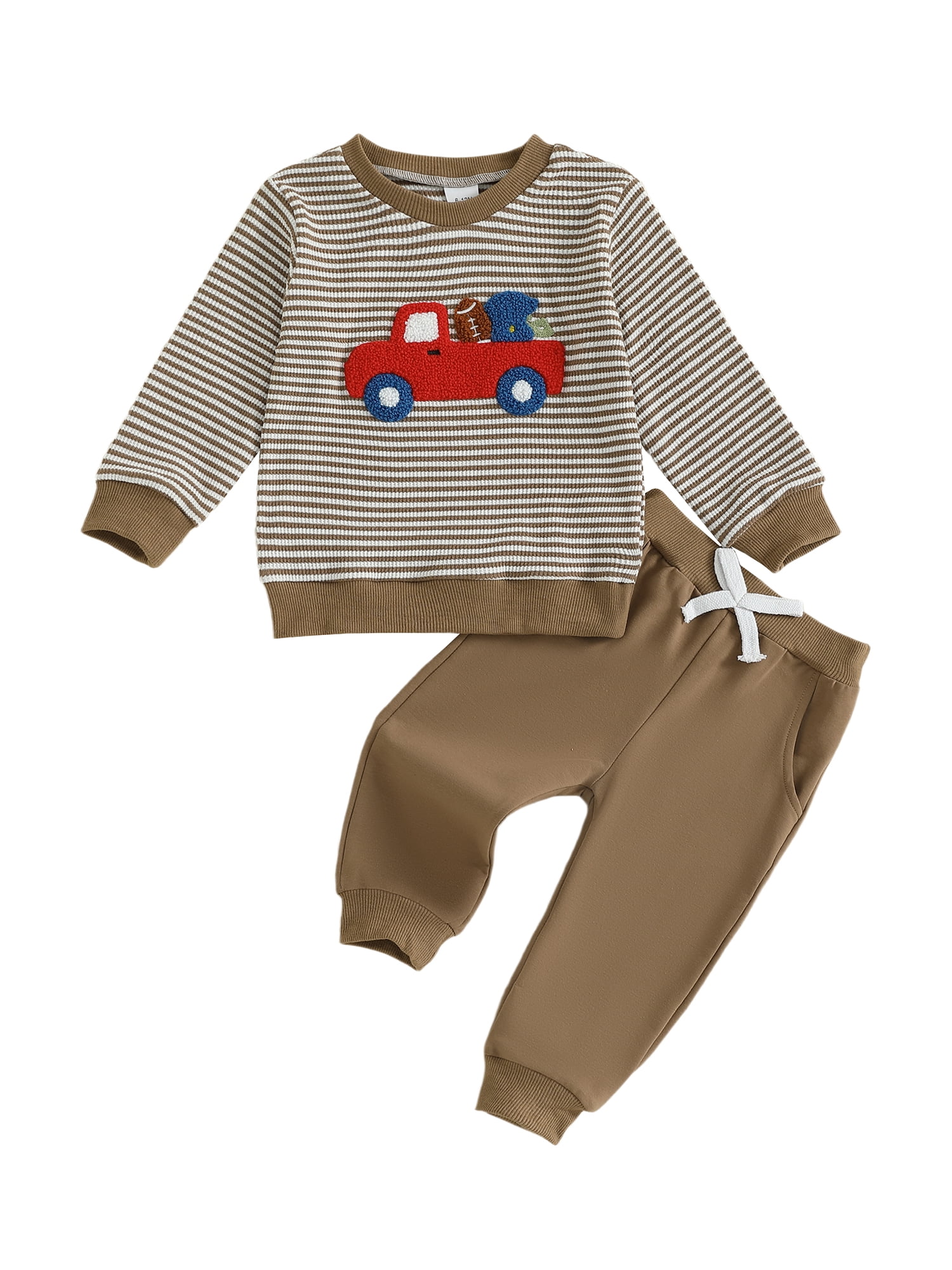 ASNOUIFU Baby Toddler Boy 2Pcs Fall Outfit Long Sleeve Truck Embroidery Sweatshirt + Pants Set ...