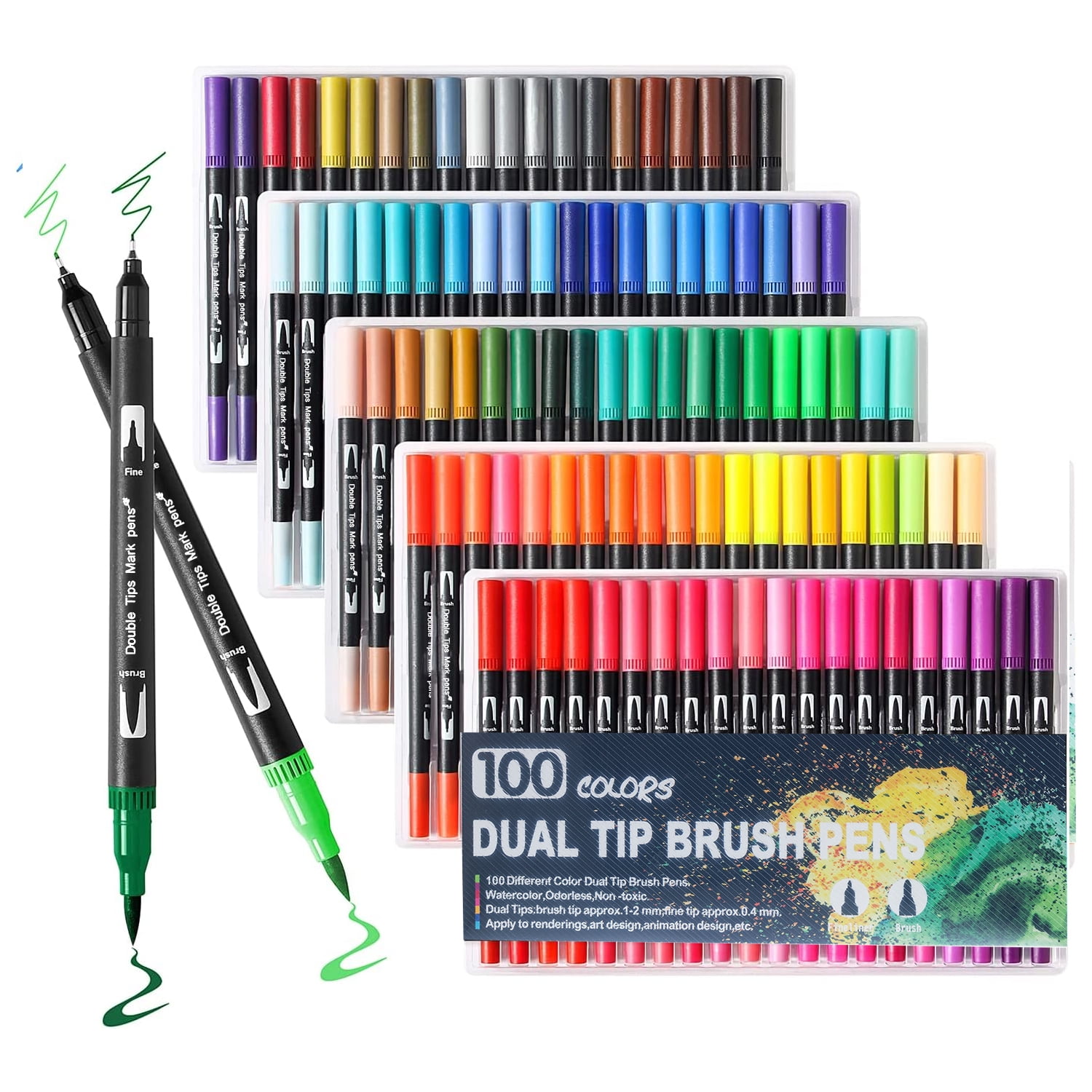 ASOVNXF Dual Tip Brush Pens, 100 Colors No Bleed Markers, Fine Point for Journaling, Coloring ...