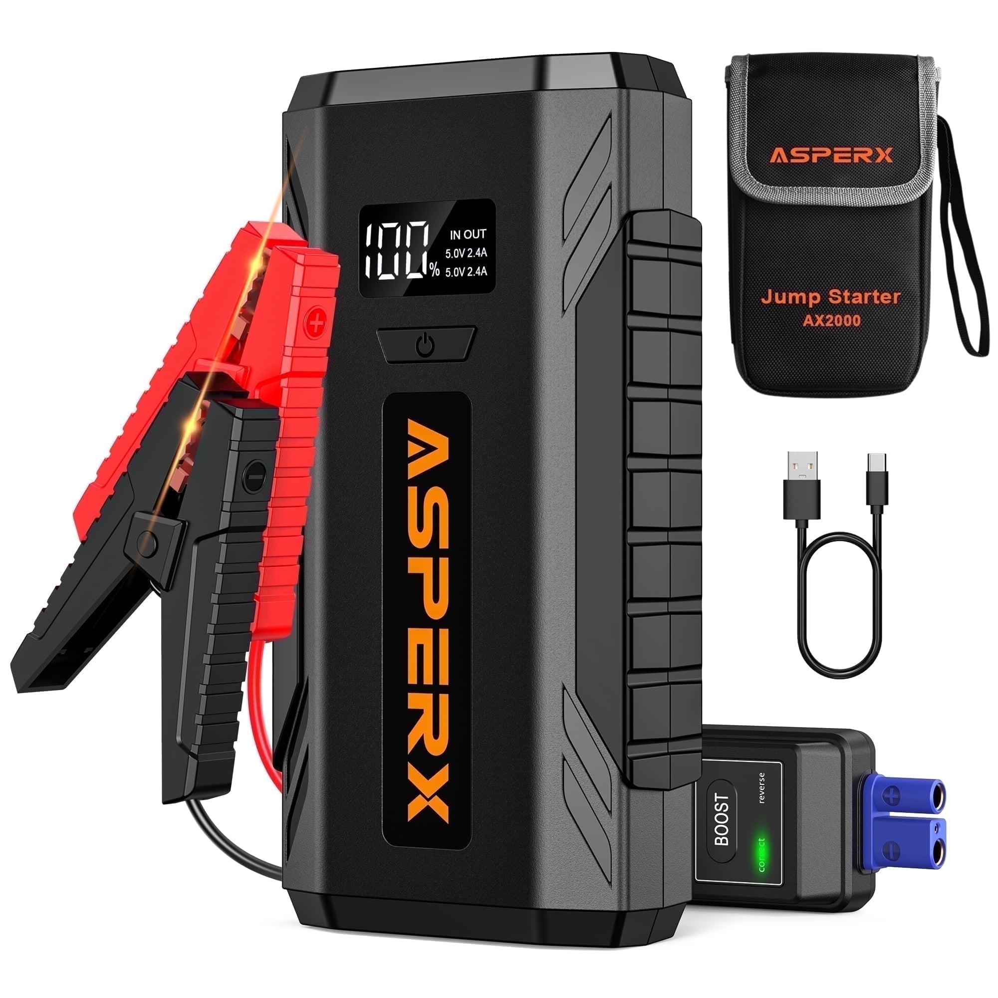 ASPERX Car Battery Jump Starter,2000A Peak Portable Jump Box for Car up ...