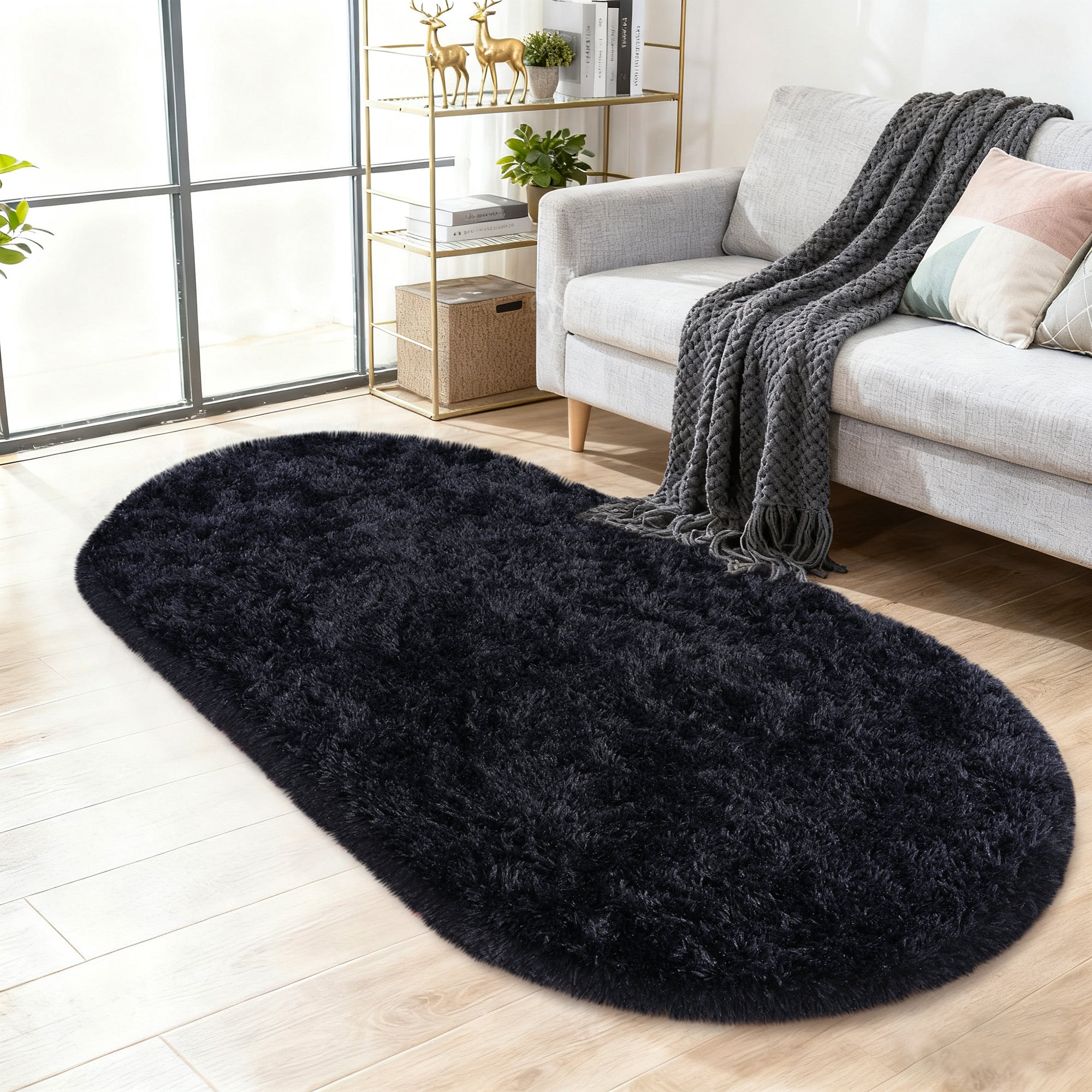 ASPILLOW Fluffy Fuzzy Rug,Soft Furry Oval Rugs, 2.6x5.3ft Black Non ...