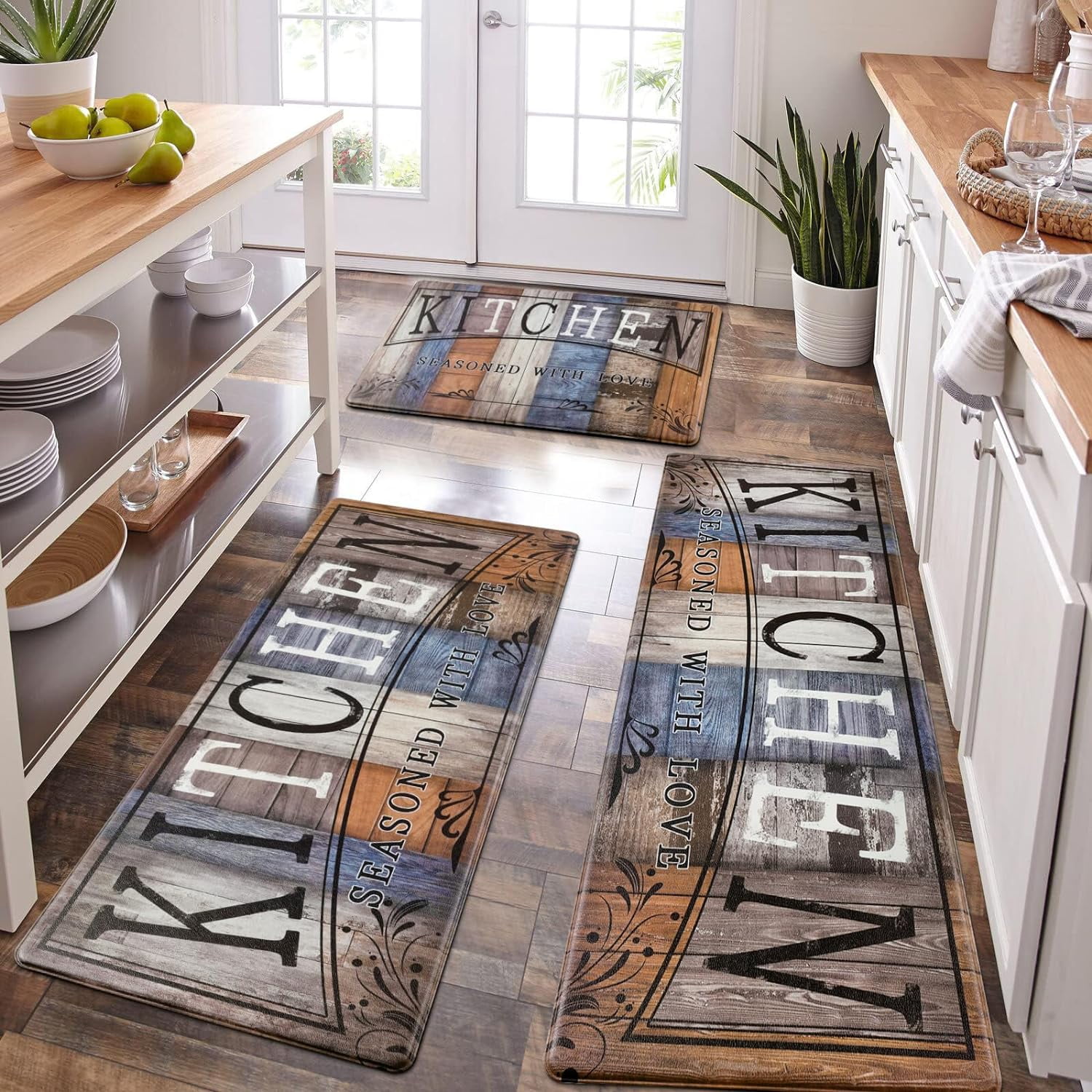 ASPMIZ Farmhouse Kitchen Mats Non Slip, Cushioned Wooden Kitchen Floor ...