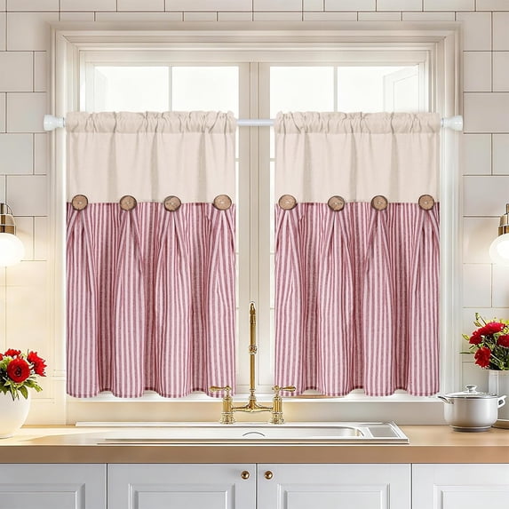 ASPMIZ Linen Kitchen Curtains 24 Inch Length, Farmhouse Boho Button ...