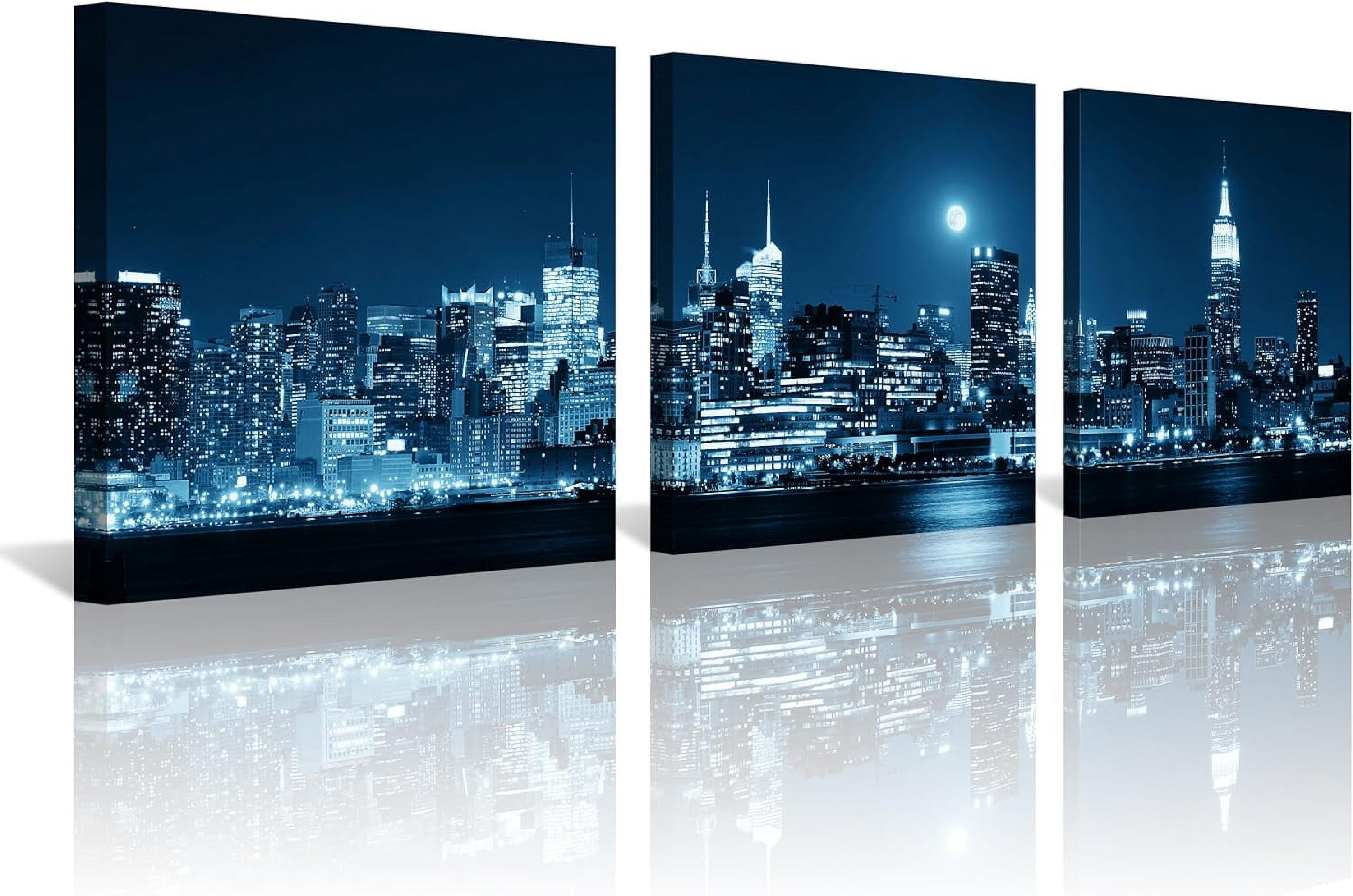 ASPORIC 3-Piece Modern Manhattan Night Skyline Canvas Art Blue Moon ...