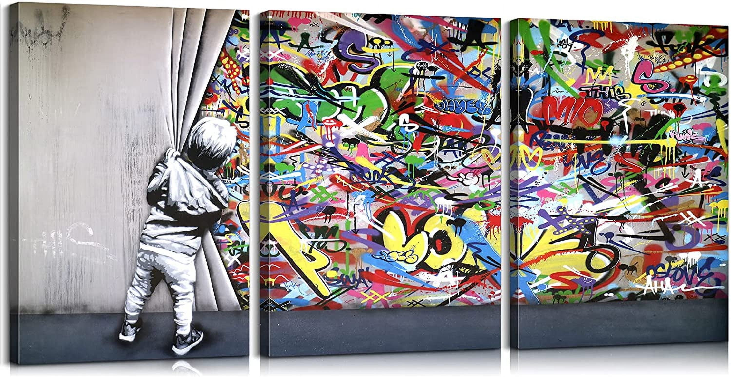 ASPORIC 3 Pieces Colorful Wall Art Behind the Curtain Art Graffiti Wall ...