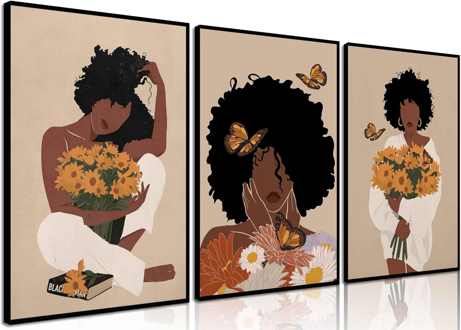 ASPORIC 3Pcs Black Woman Wall Art Boho Black Girl Sunflower Posters ...