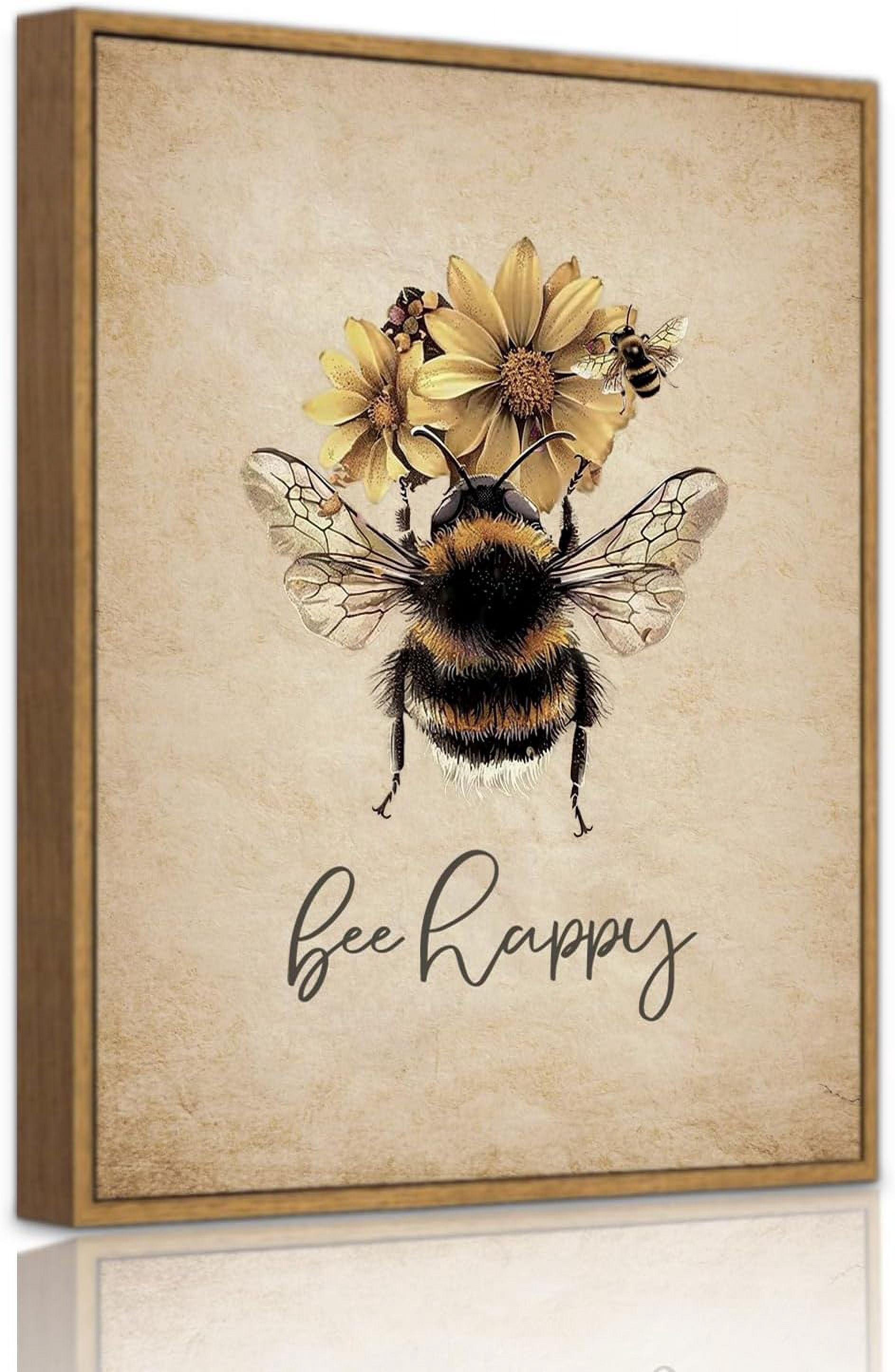 ASPORIC Bee Happy Vintage Framed Canvas Prints Wall Art Bee Yourself ...