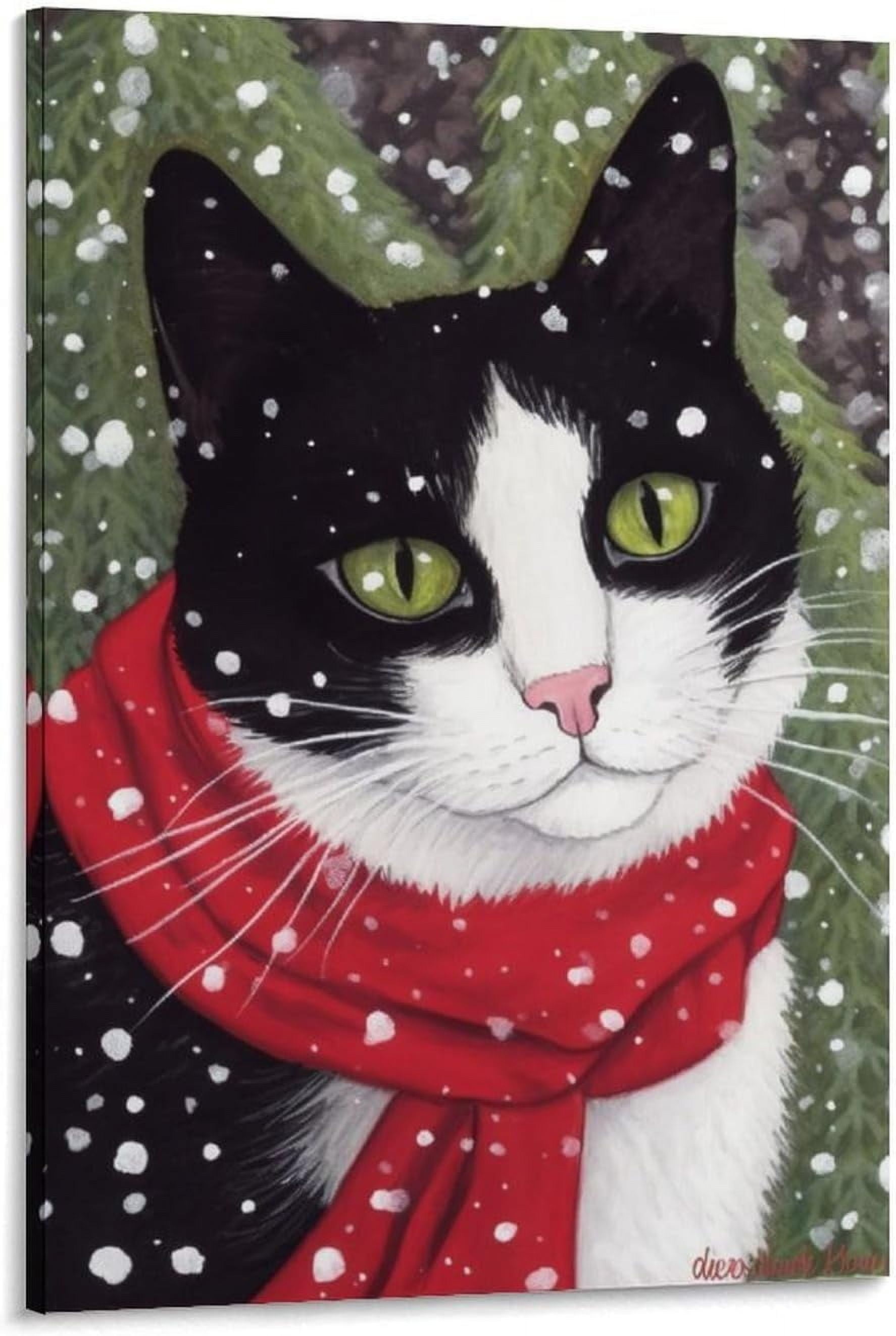 ASPORIC Black And White Cat Art Print in The Snow Christmas Canvas Wall ...