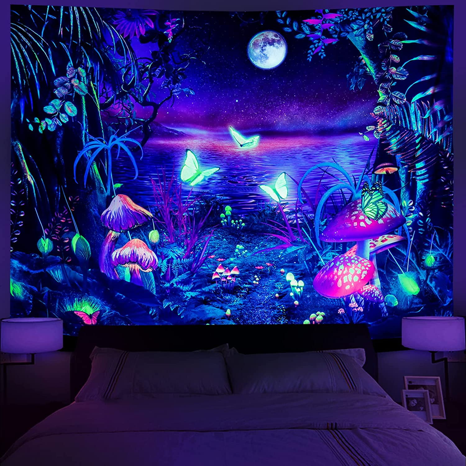 ASPORIC Blacklight Fantasy Forest Tapestry Aesthetic Moon Tapestry UV ...