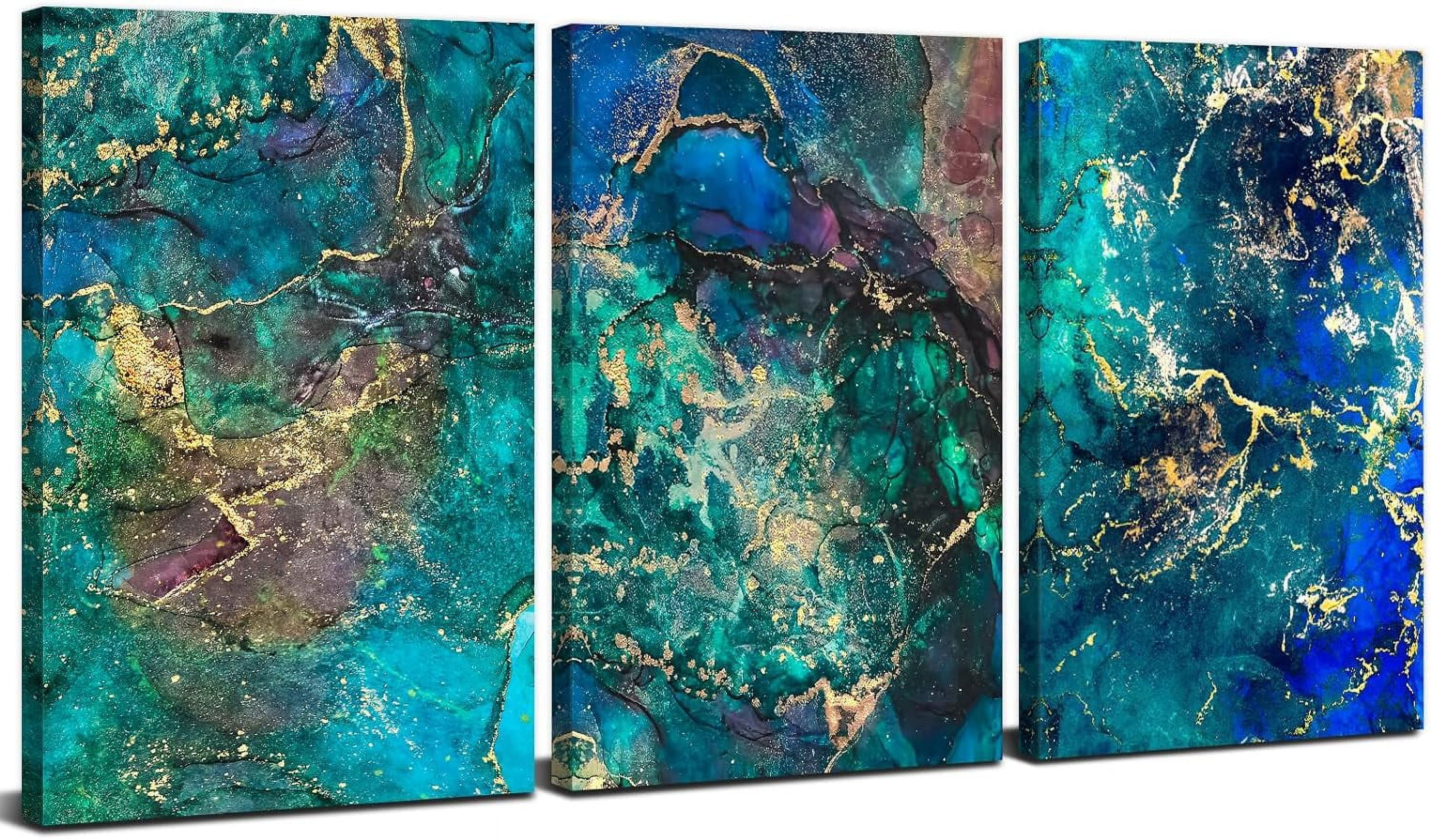 ASPORIC Blue Abstract Marble Wall Art Turquoise Green and Gold Abstract ...