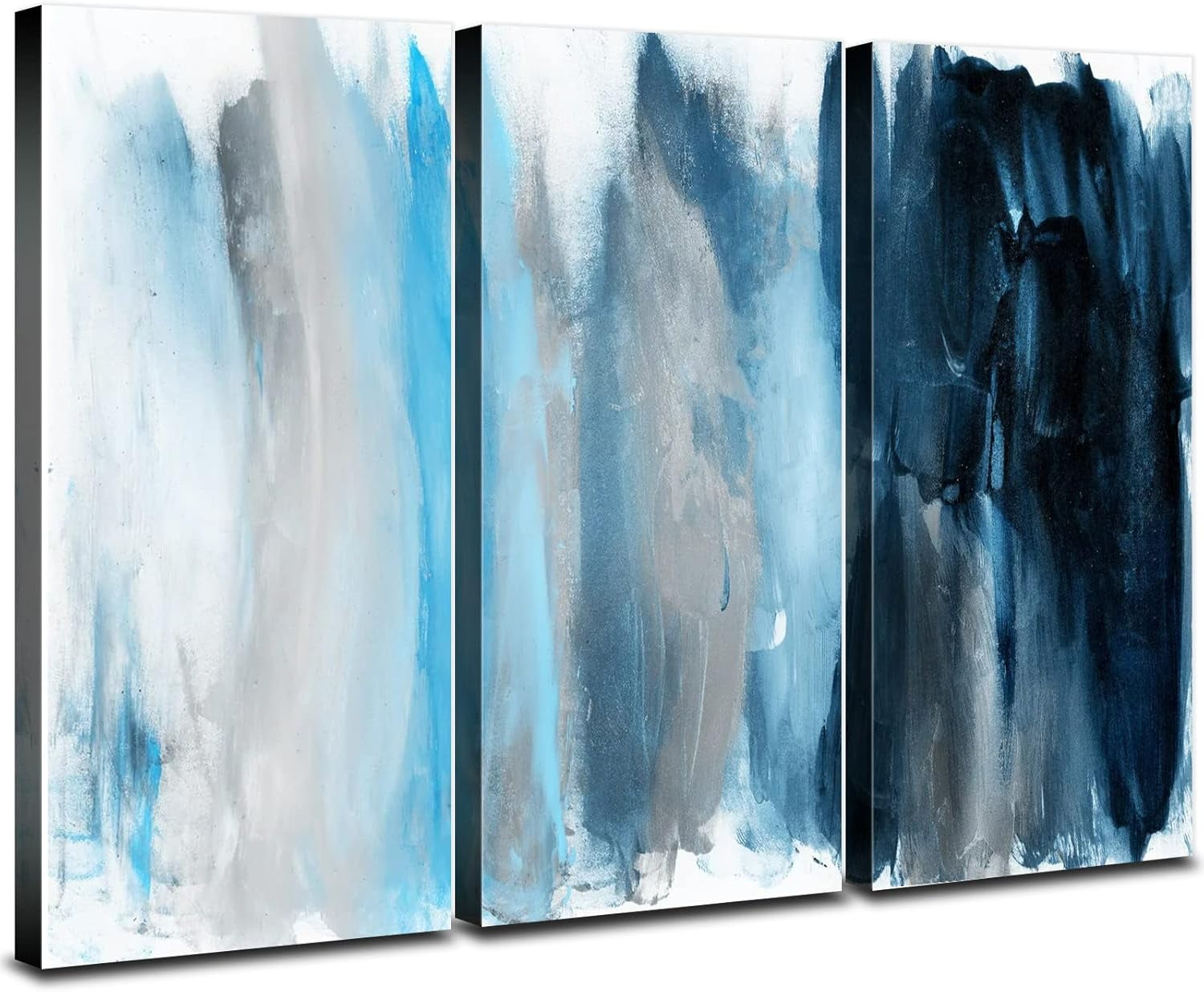 ASPORIC Blue and White Abstract Wall Art 3 Pieces Brushstroke Line ...