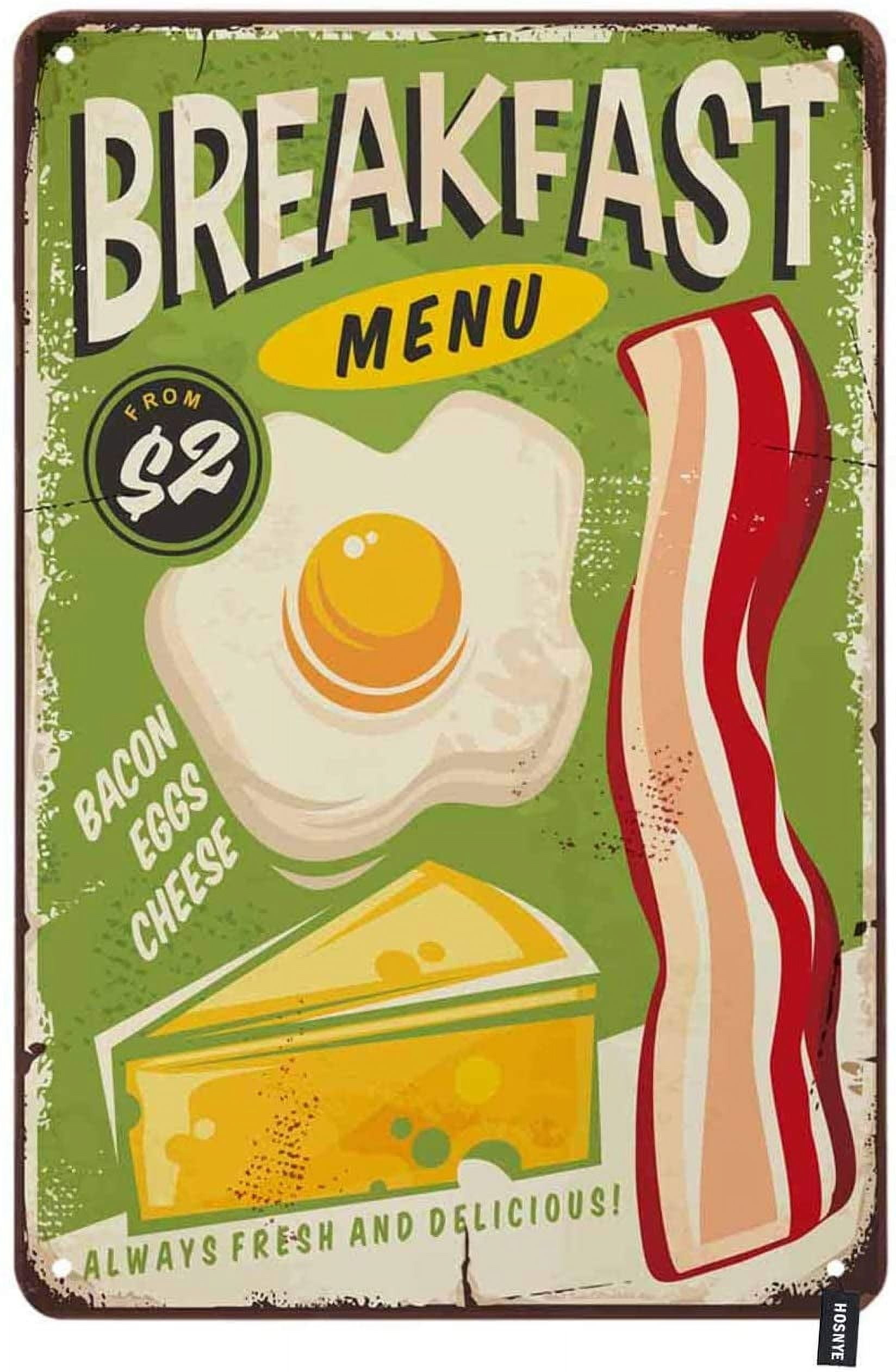 ASPORIC Breakfast Menu Tin Sign Food Poster Bacon Eggs Cheese Green ...