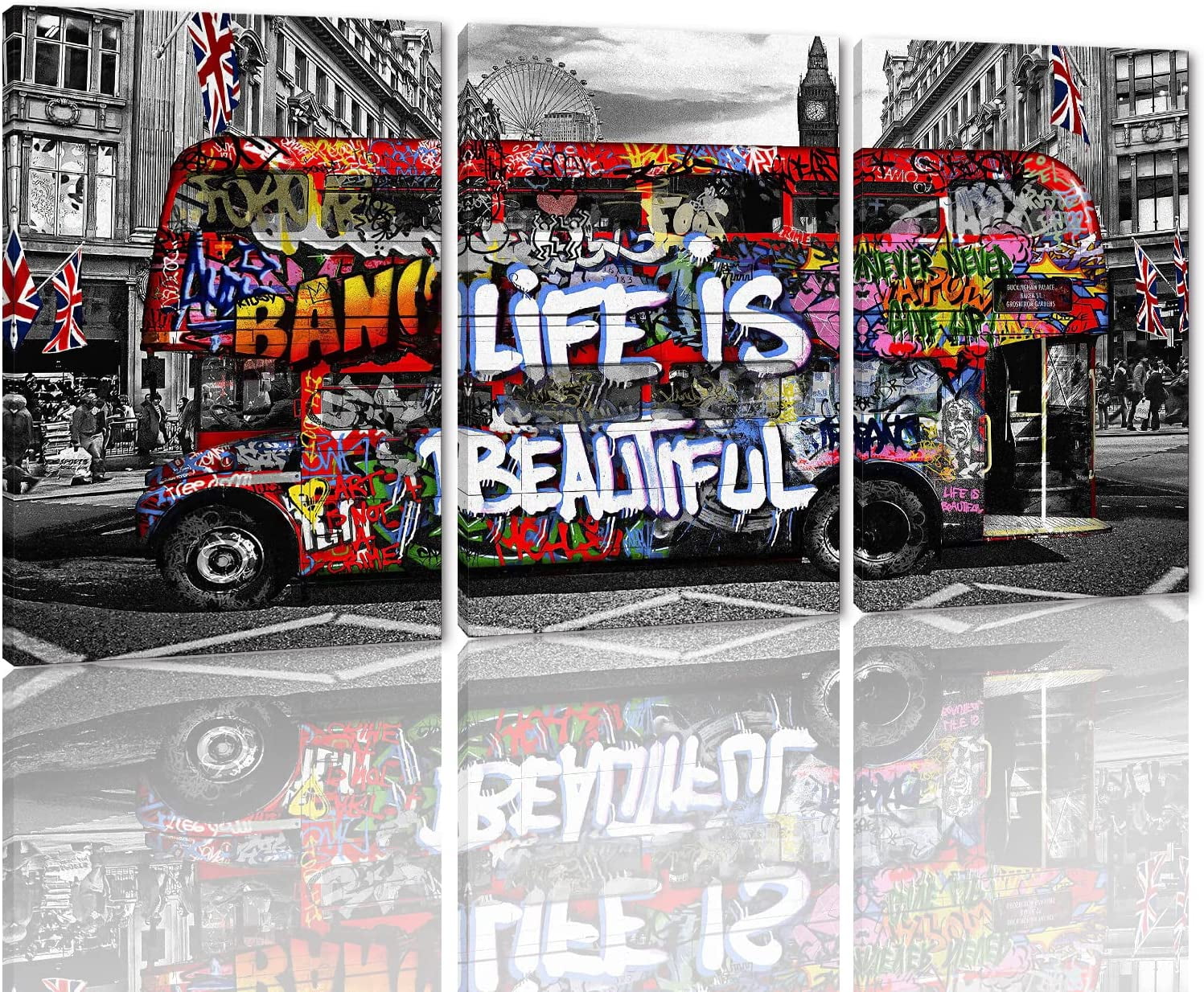 ASPORIC Canvas Wall Art Banksy Graffiti Pictures 3 Panels Graffiti Bus ...