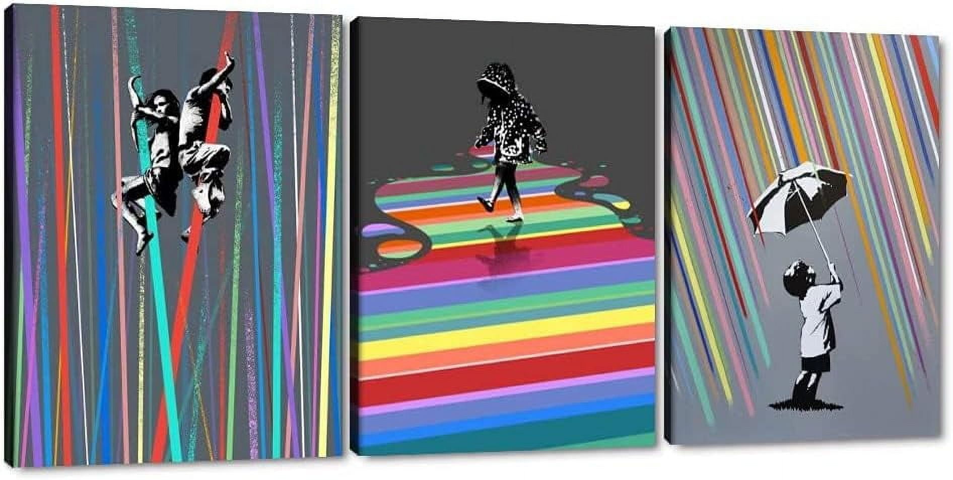 ASPORIC Canvas Wall Art Graffiti Pictures 3 Panels Rainbow Rain Boy and Girl Painting Abstract ...