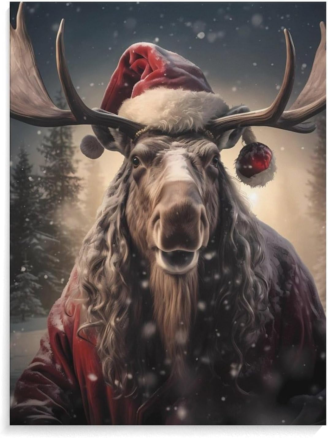 ASPORIC Christmas Deer Moose with Santa Hat Wall Artwork Framed Canvas ...