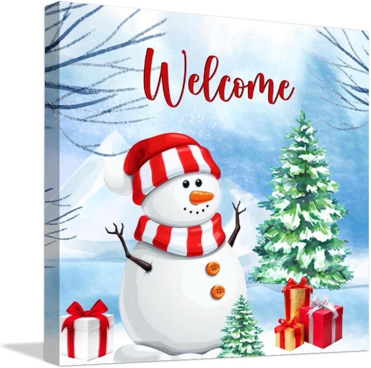 ASPORIC Christmas Welcome Winter Snowman Tree Canvas Paintings Canvas ...