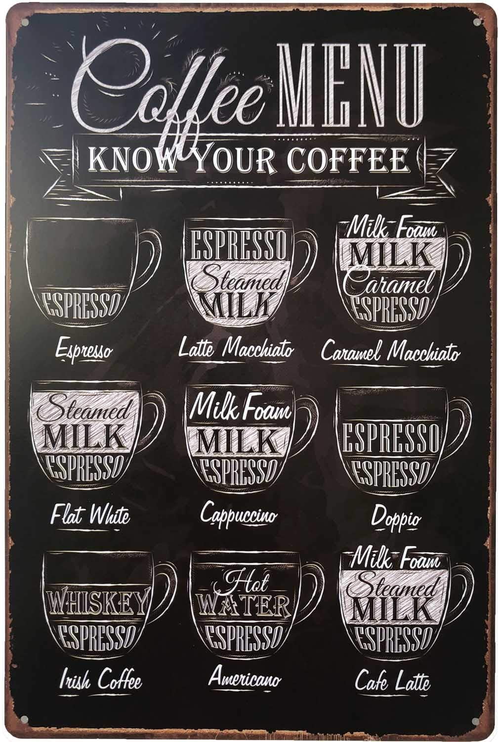 ASPORIC Coffee MENU Metal Signs Vintage Know Your Coffee Tin Signs for ...