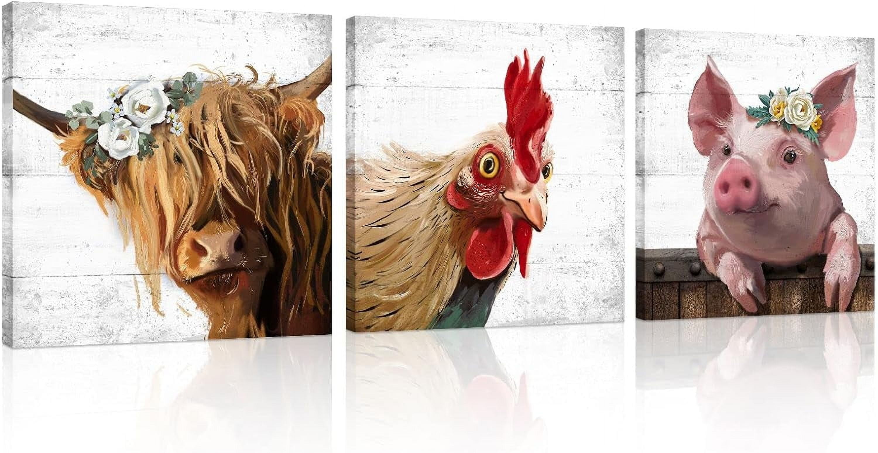 ASPORIC Farm Animal Farmhouse Wall Art: Highland Cow Rooster Pig Head ...