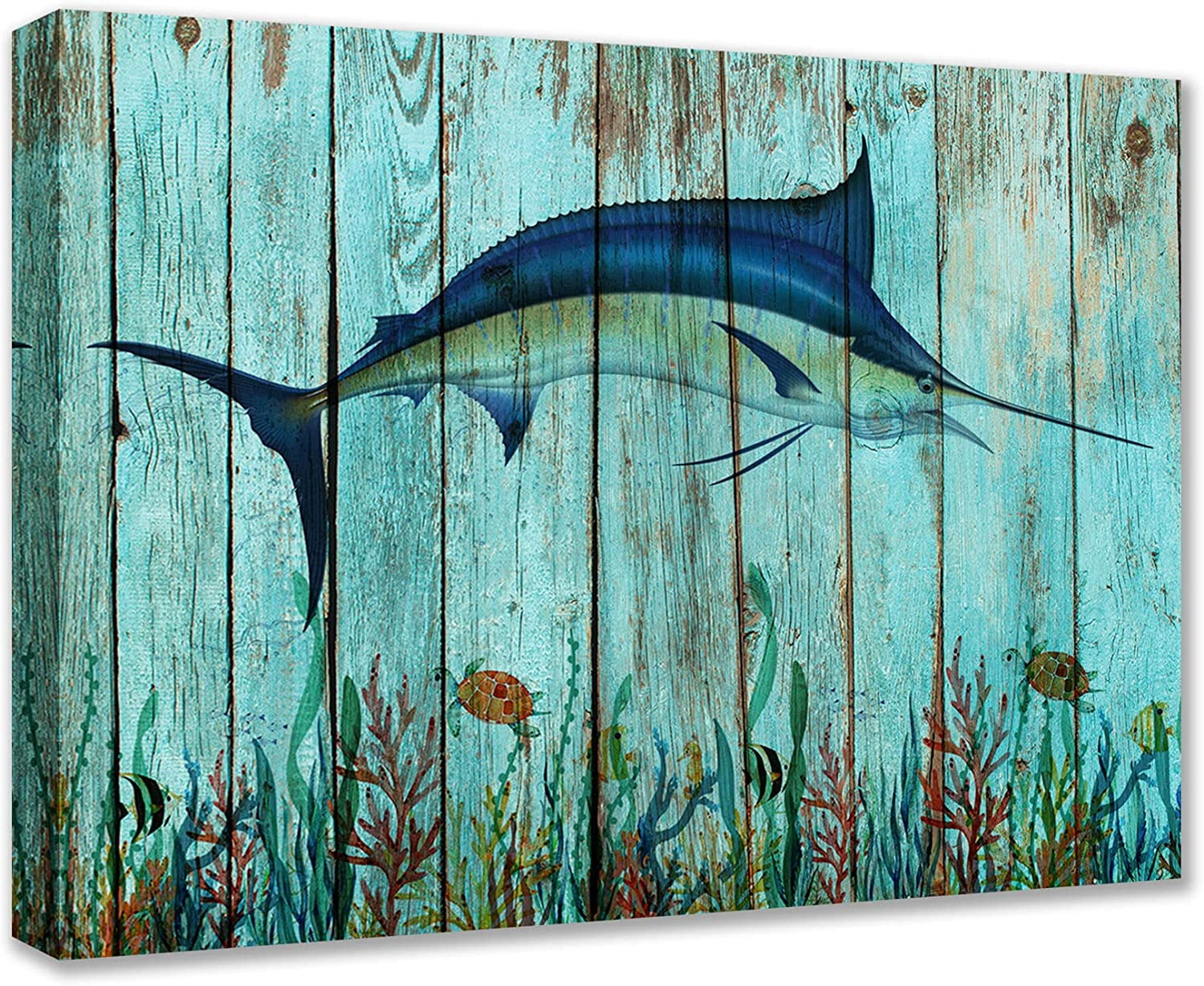 ASPORIC Jumping Blue Marlin Fish Paintings Coral Wall Art Swordfish ...