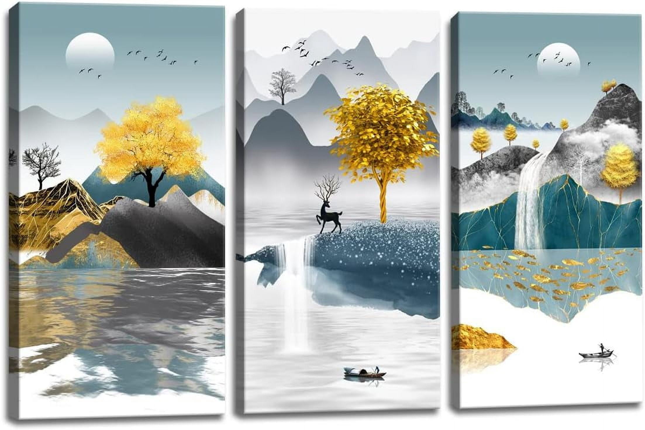 ASPORIC -Landscape Mountains Wall Art, Flying Birds Elk Fish Moon Lake ...