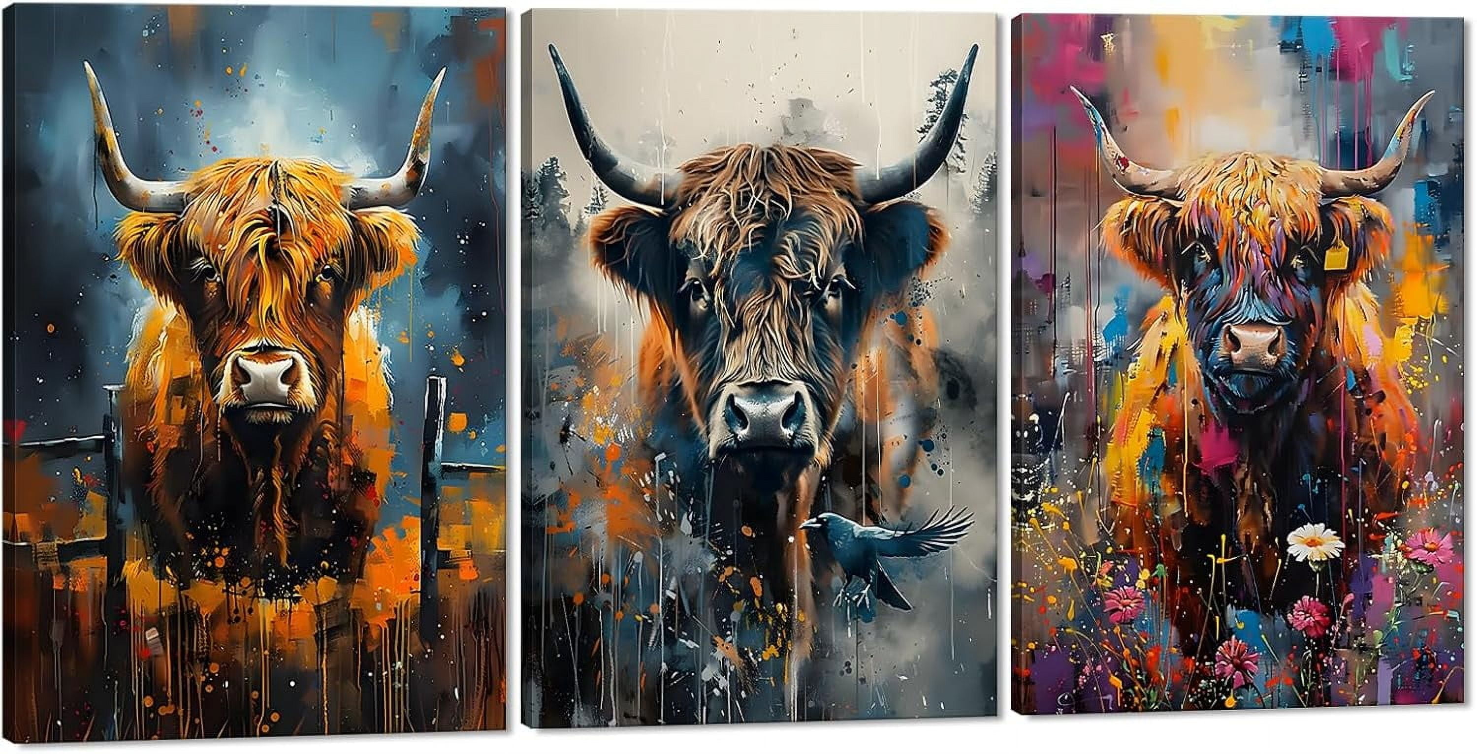 ASPORIC Large 3 Panels Modern Home Decor Colorful Abstract Highland Cow ...