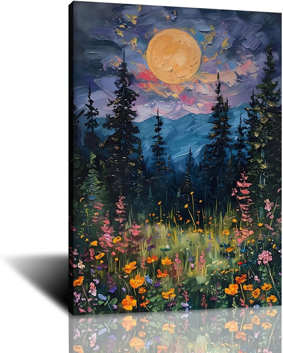 ASPORIC Moon above the wildflowers and woodland art print poster full ...