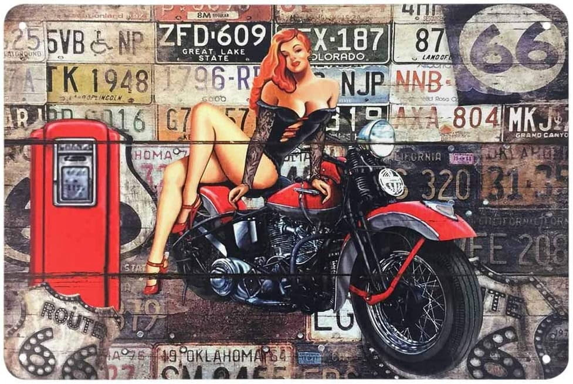 Asporic Pin Up Motorcycle Tin Sign Sex Women Near Gas Station Sit On