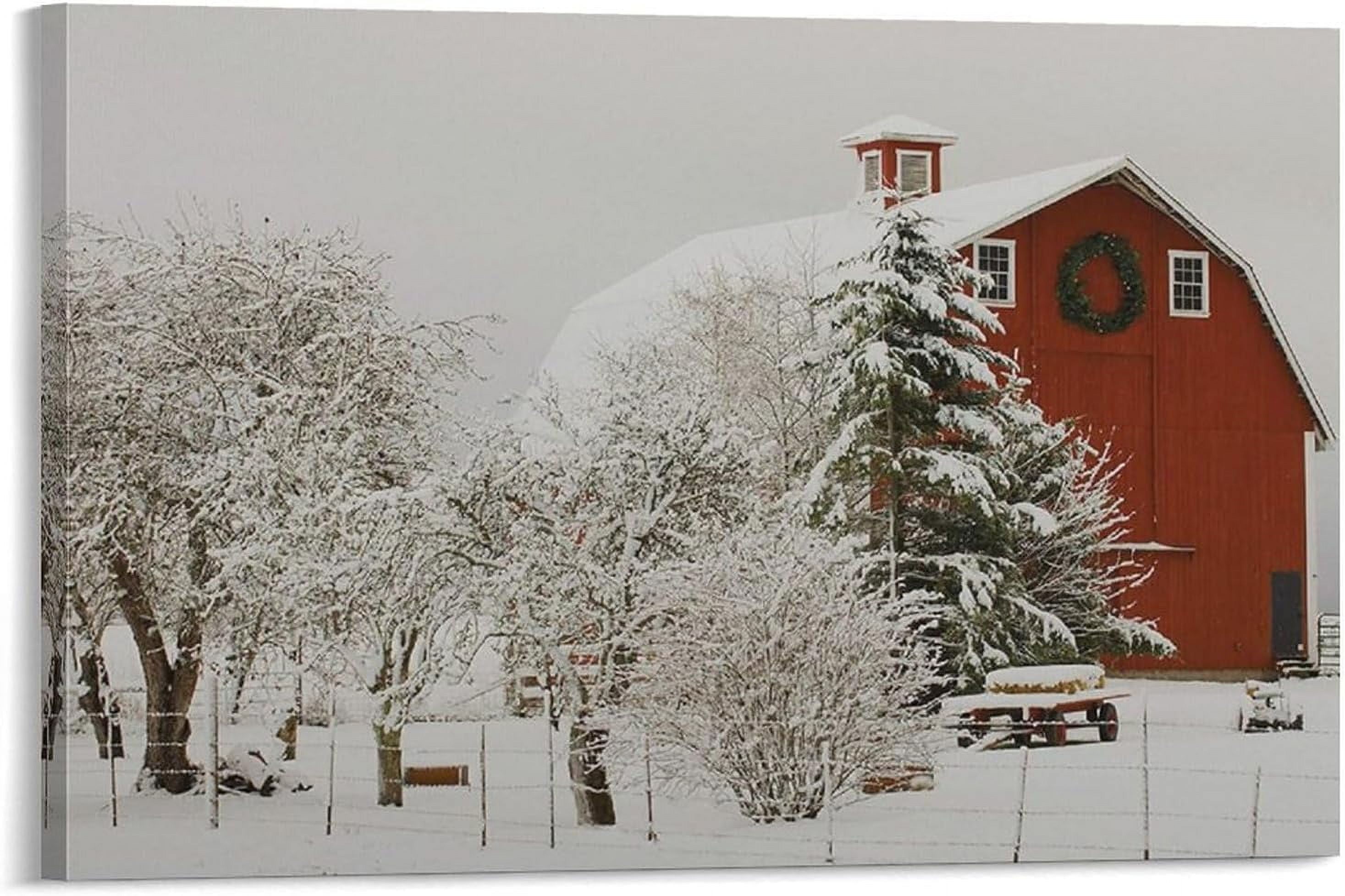 ASPORIC Posters Christmas Wall Art Red Barn Wall Art Winter Snow Poster ...