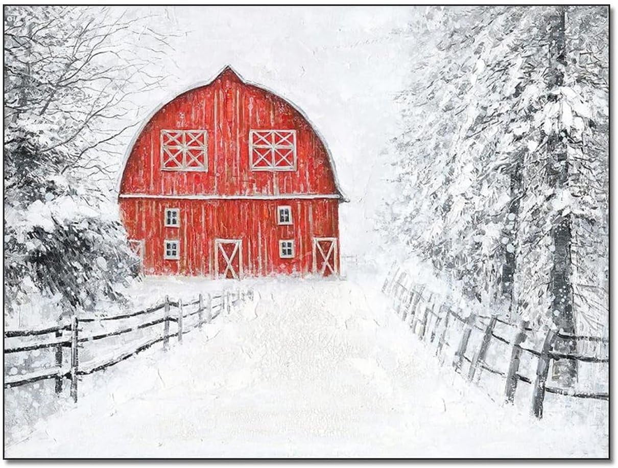 ASPORIC Posters Red Barn Christmas Pictures Wall Decor Snow Barn House ...