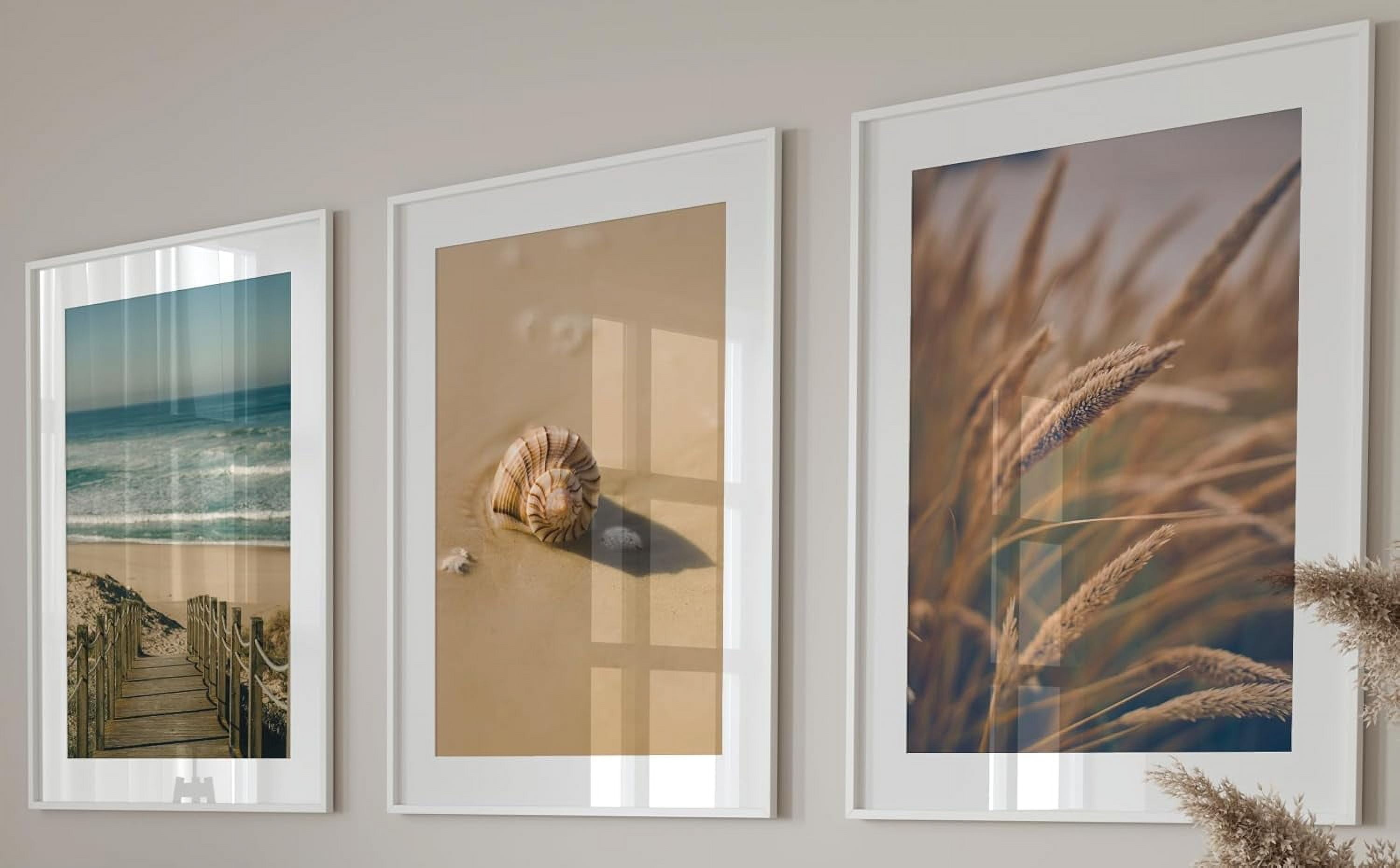 ASPORIC Sandy Beach Landscape Set of 3 Framed Wall Prints, Coastal Sea ...