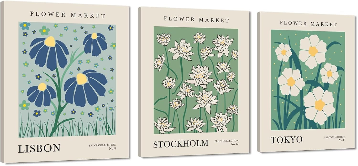 ASPORIC Set of 3 Flower Market Posters Green Boho Wall Art Framed ...