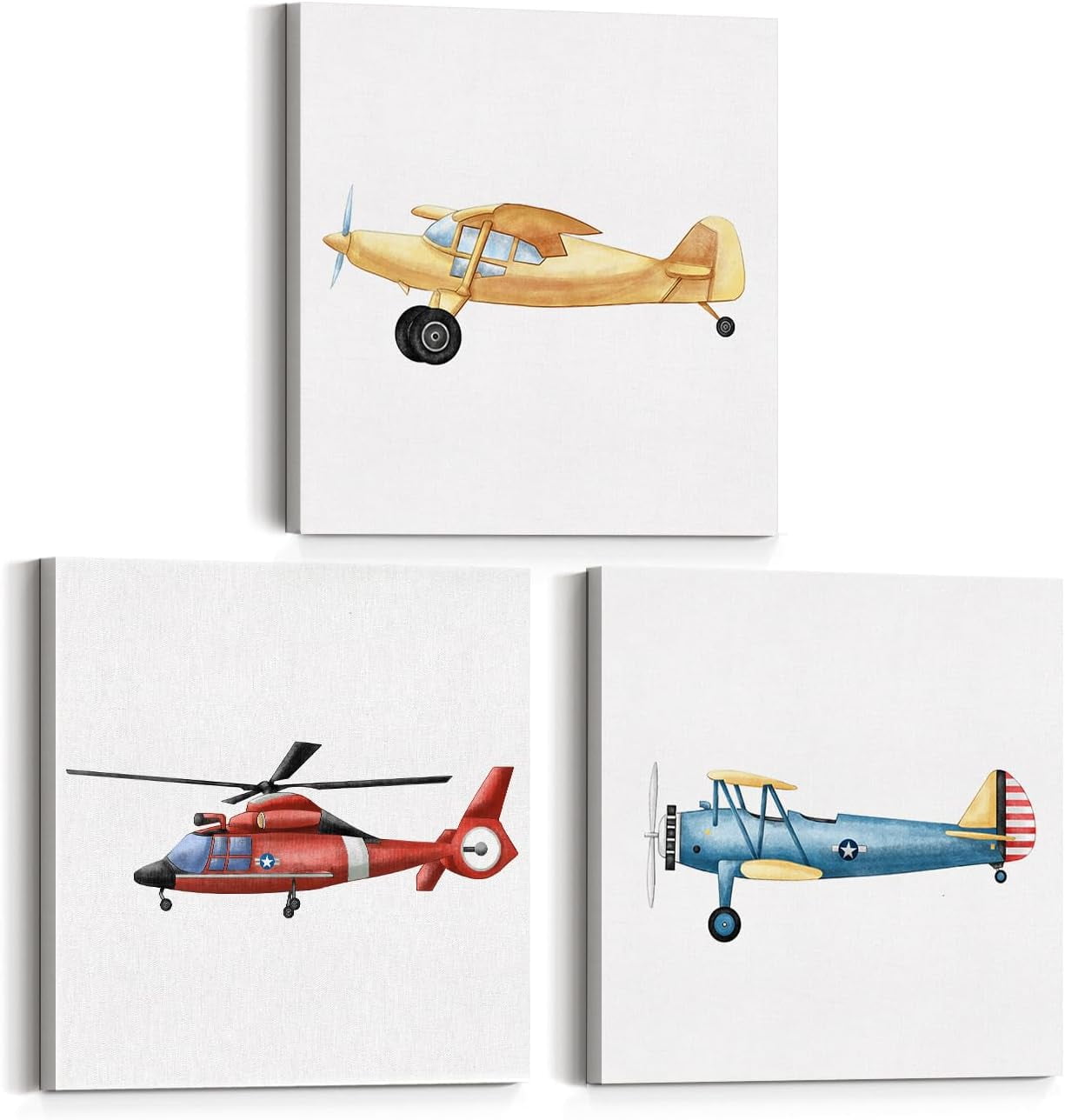 ASPORIC Set of 3 Watercolor Airplane Nursery Transportation Canvas Wall ...