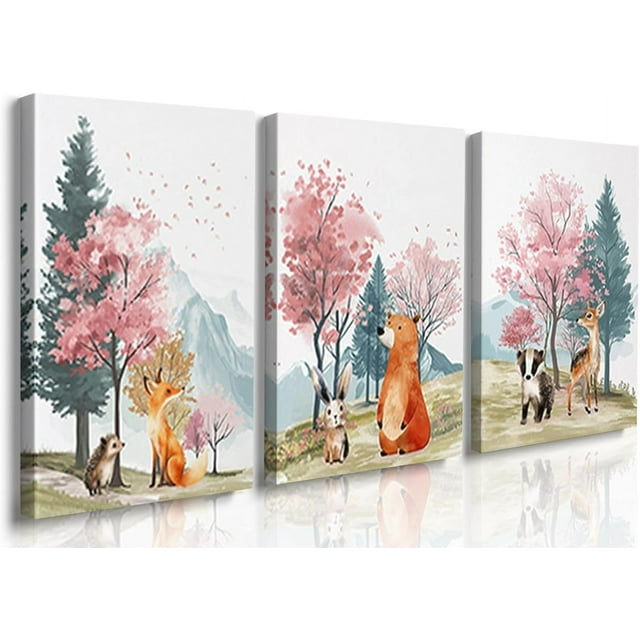 ASPORIC Set of 3 Woodland Animal Nursery Prints,Pink Forest Girls ...