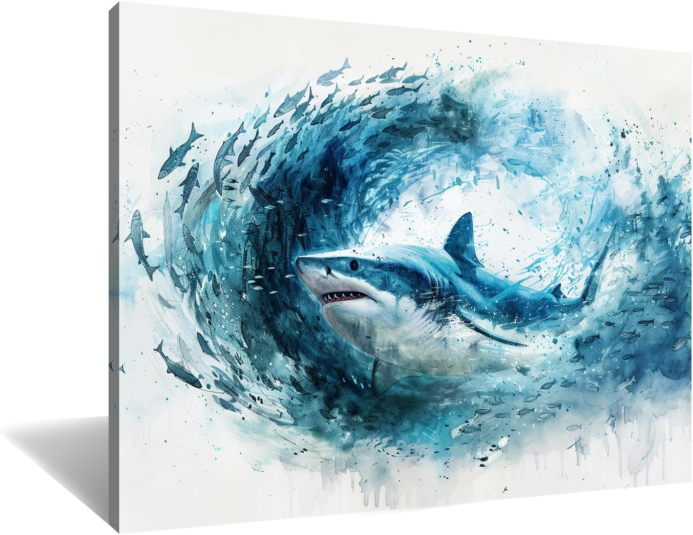 ASPORIC Shark Wall Art Blue Painting Shark Catching Fish Picture Print ...
