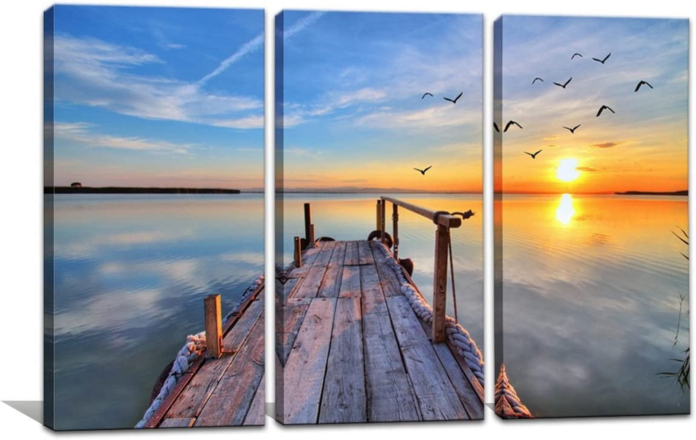 ASPORIC -Sunset Lake Wall Art, Birds Flying Over The Pier Nature Ocean ...