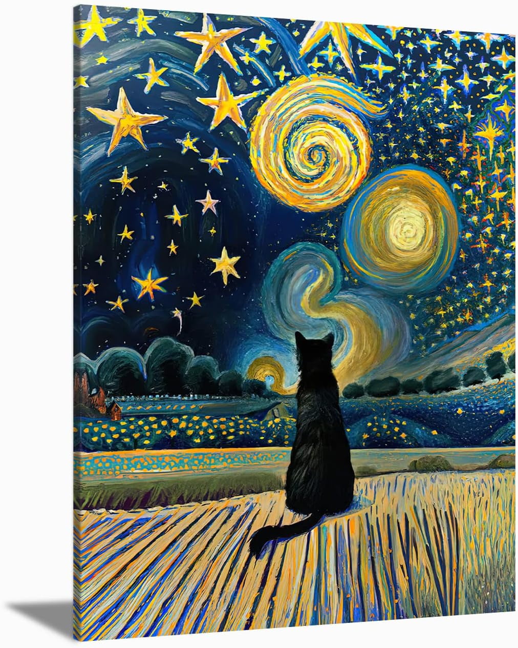ASPORIC The Starry Night Cat Canvas Wall Art Famous Oil Paintings Black ...
