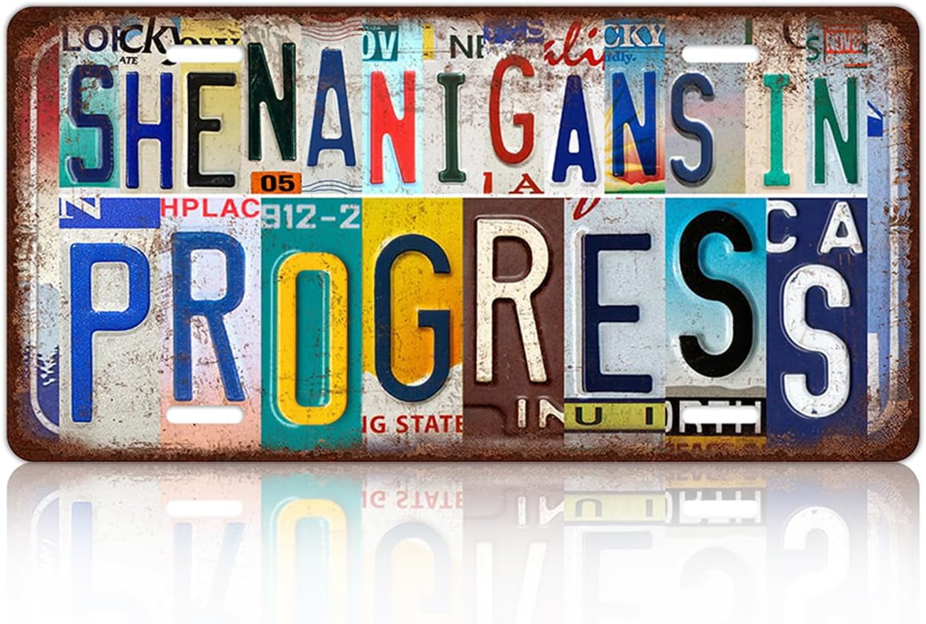 ASPORIC Vintage License Plate Wall Decor Shenanigans In Progress Metal ...