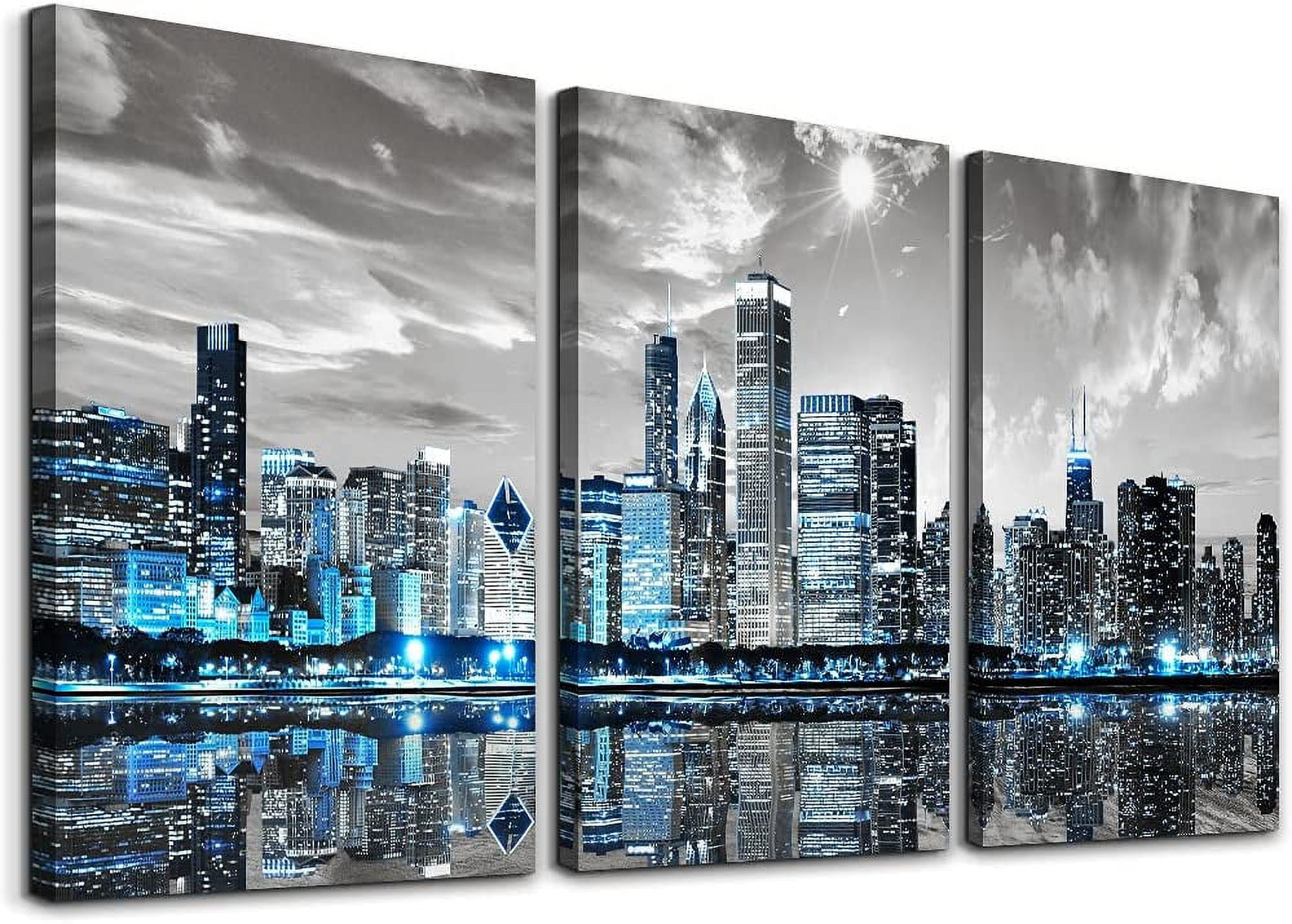 ASPORIC Wall Decor Living Room Modern City Chicago Skyline Large Canvas ...