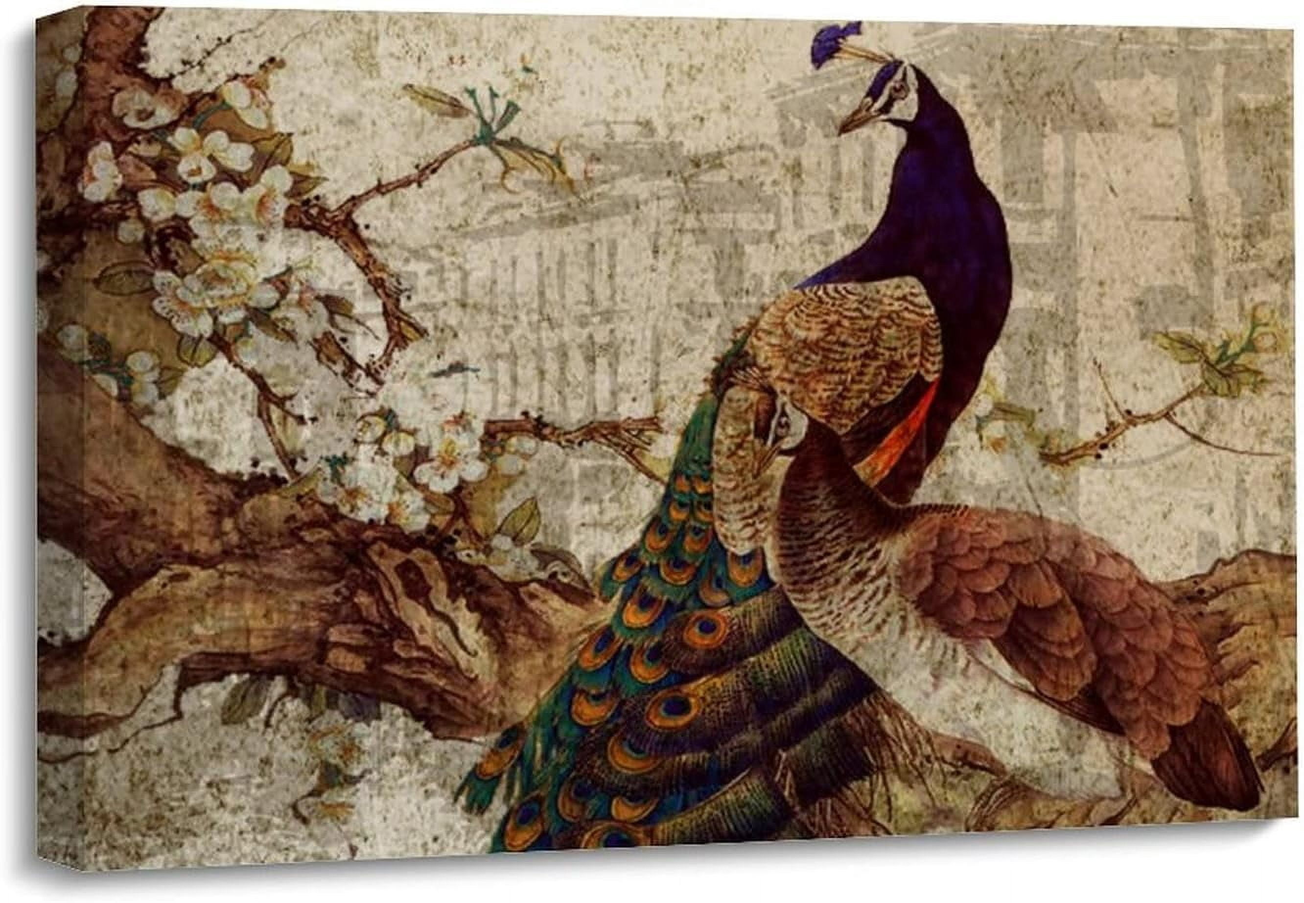 ASPORIC Wall Prints Peacock And Blue Flowers Canvas Print Wall Art ...